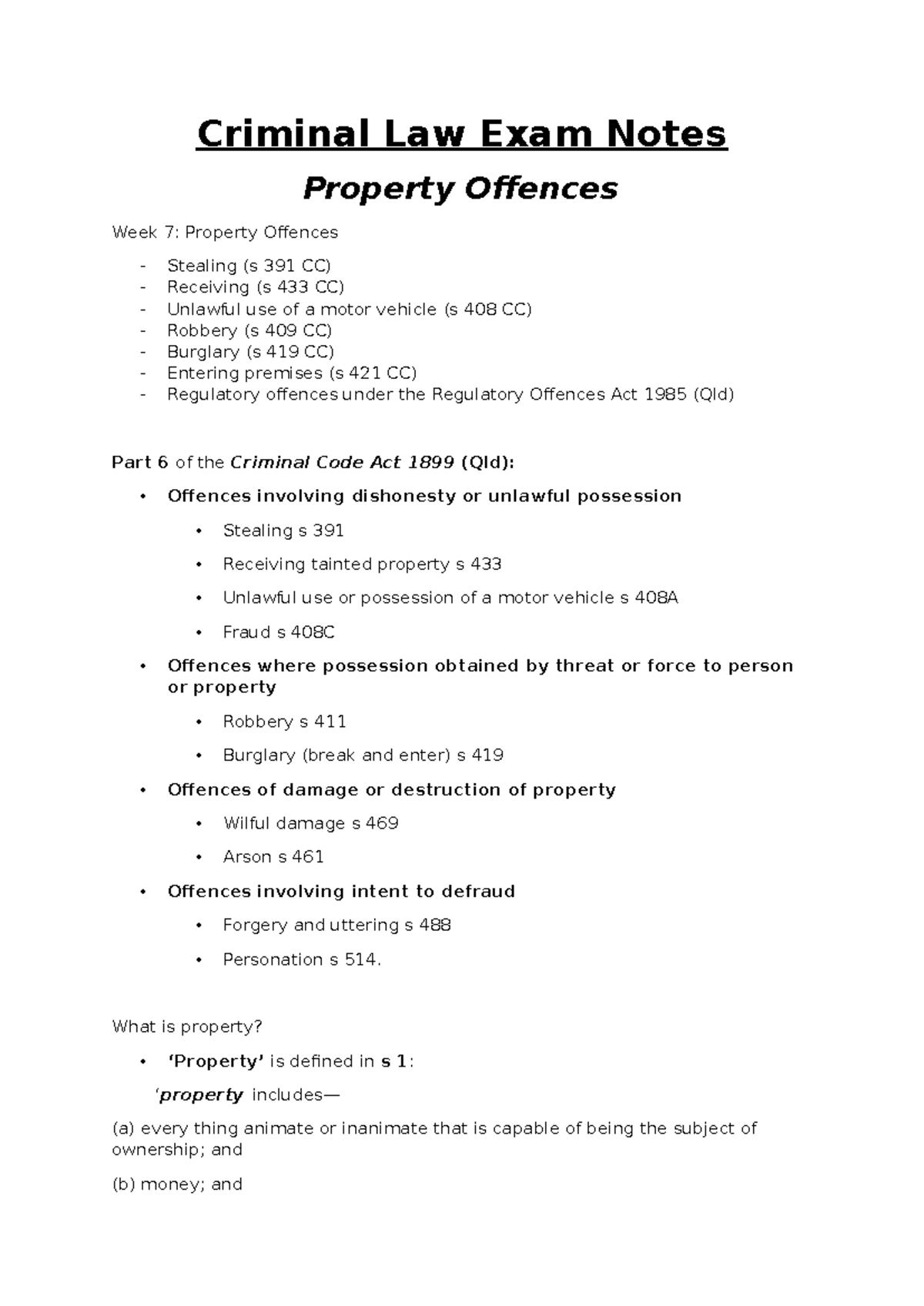 Criminal Law 101: Property Offences Exam Notes - Studocu