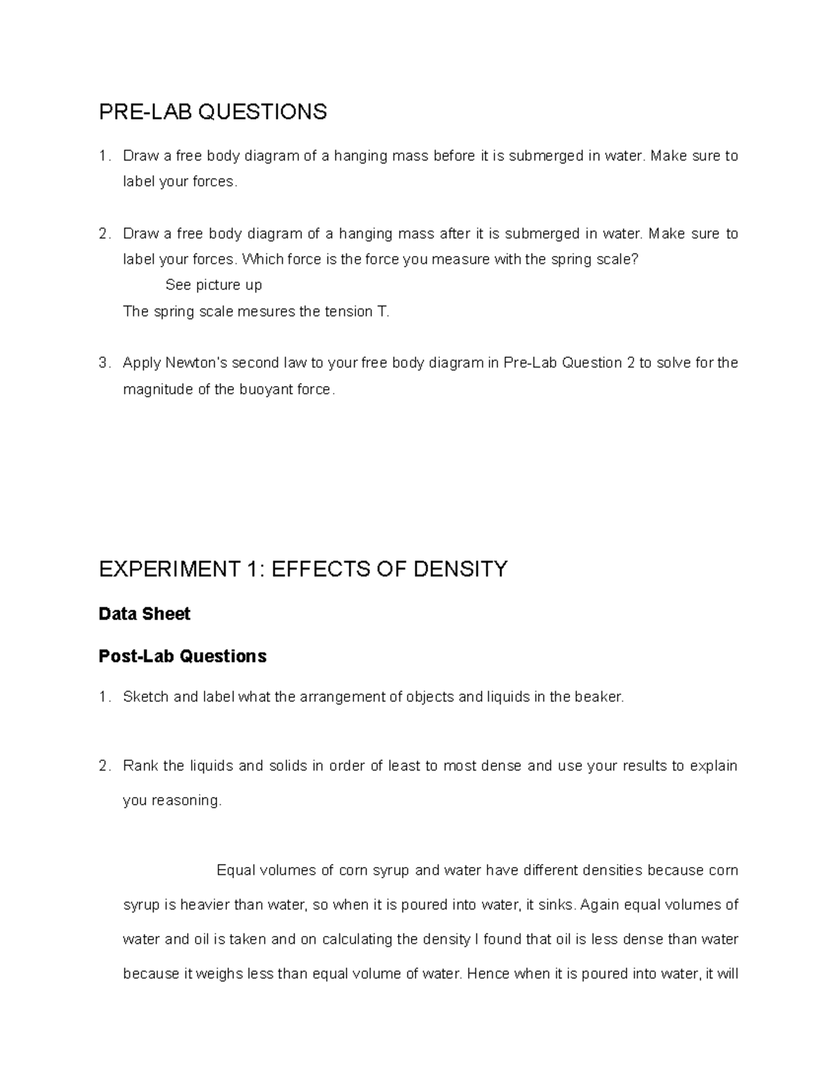 IP 2020 L13 Lab Report on Buoyant Force and Density Experiments - Studocu