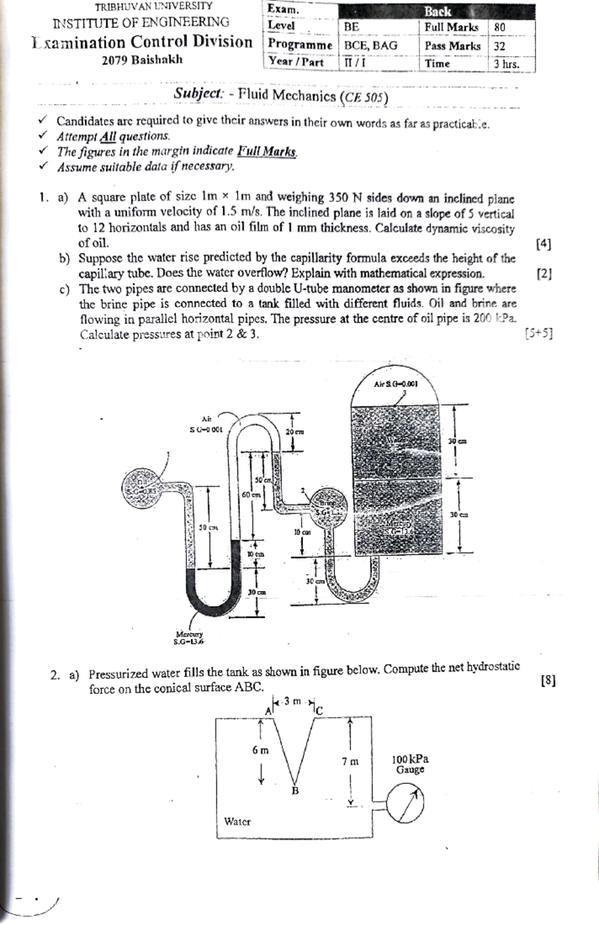 Fluid Mechanics CE 505 Exam Questions - Institute of Engineering - Studocu