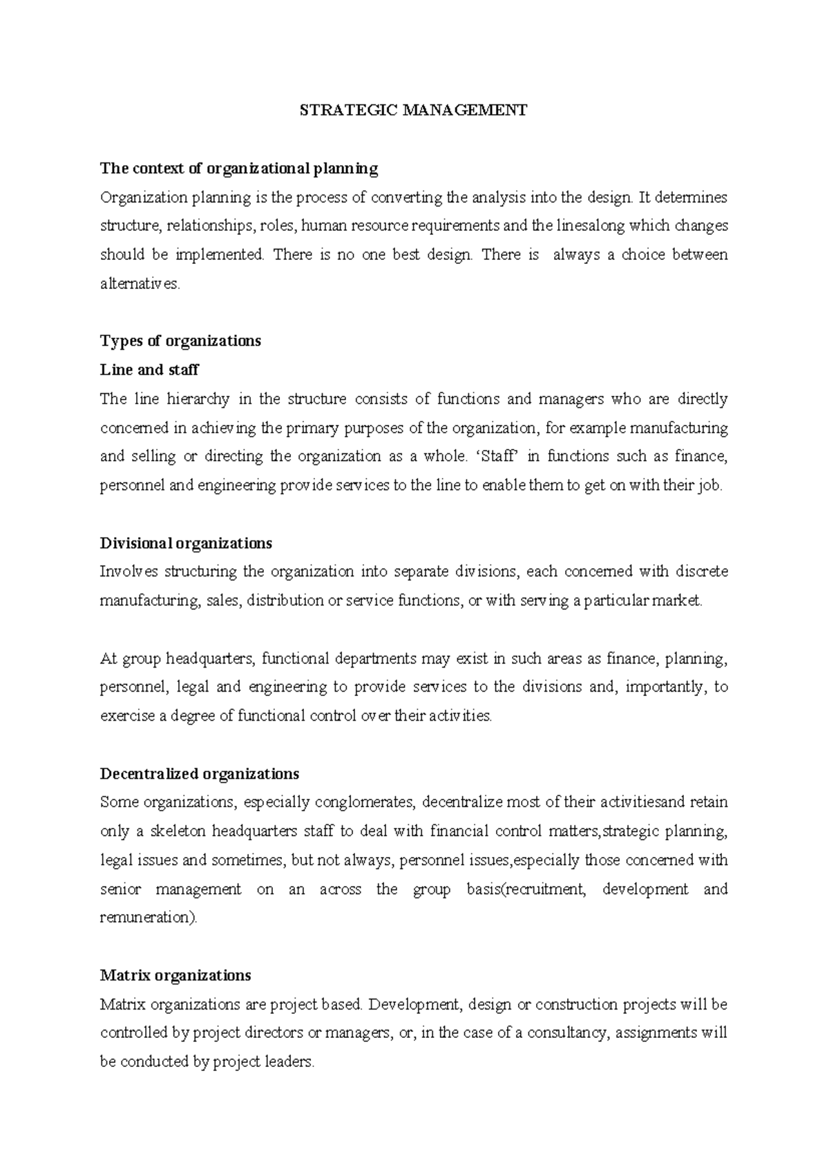 Strategic Management Lecture Notes: Organizational Planning & Structure ...