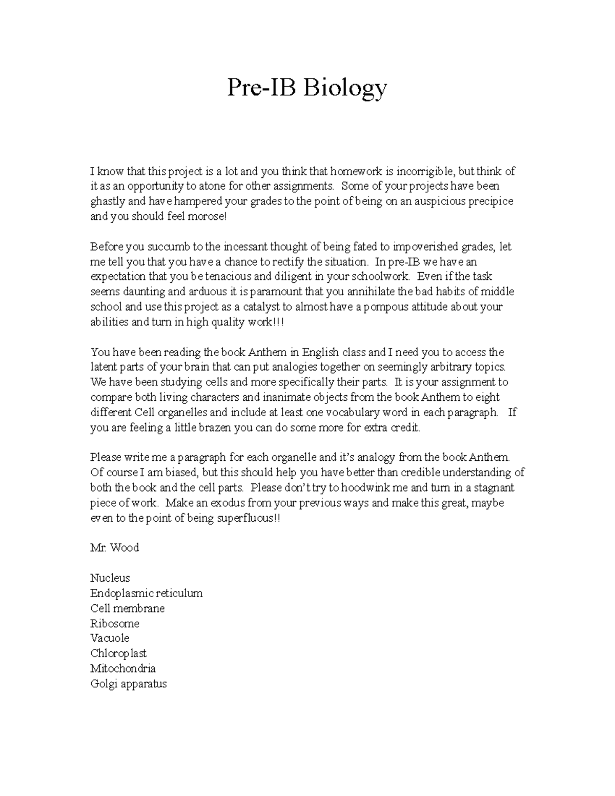 Cells and Anthem: A Comparative Analysis of Organelles and Characters ...