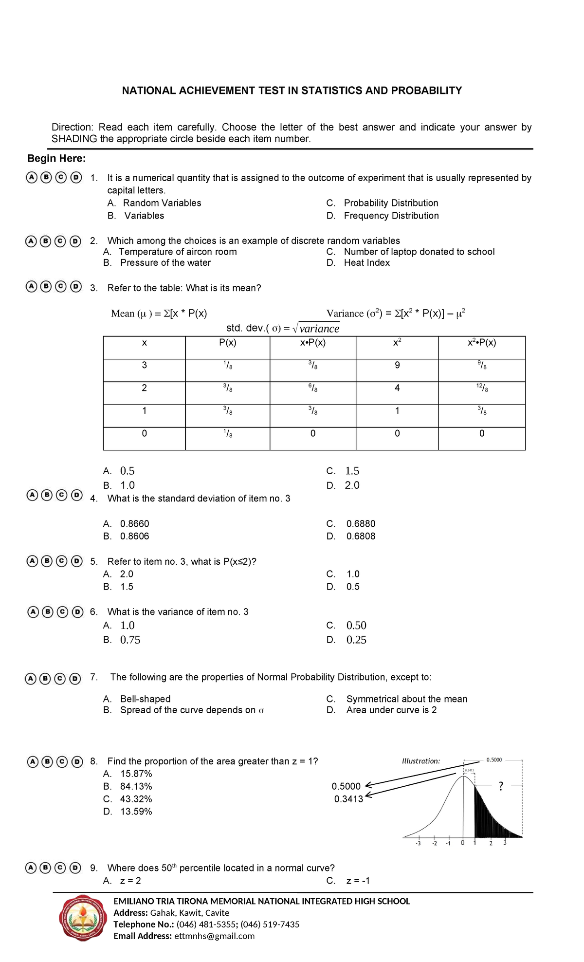 NATIONAL ACHIEVEMENT TEST IN STATISTICS AND PROBABILITY Review Material ...
