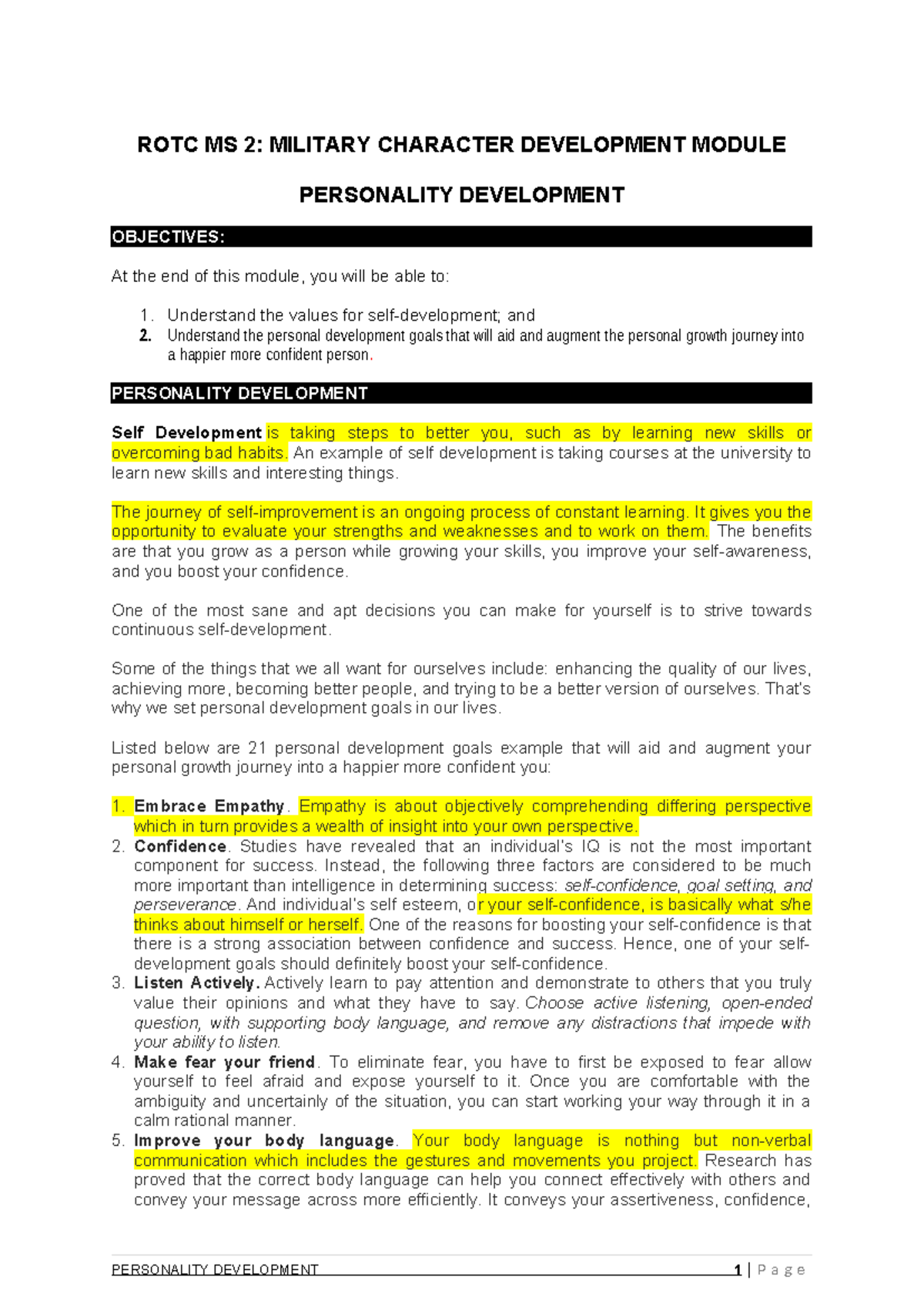 ROTC MS 2: Final Exam on Personality Development and Values Education ...