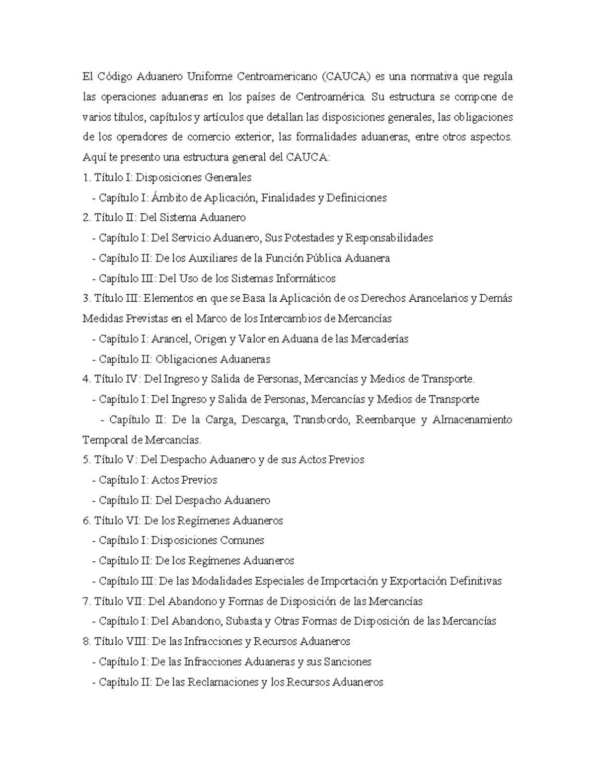 Estructura del Código Aduanero Uniforme Centroamericano (CAUCA) - Studocu