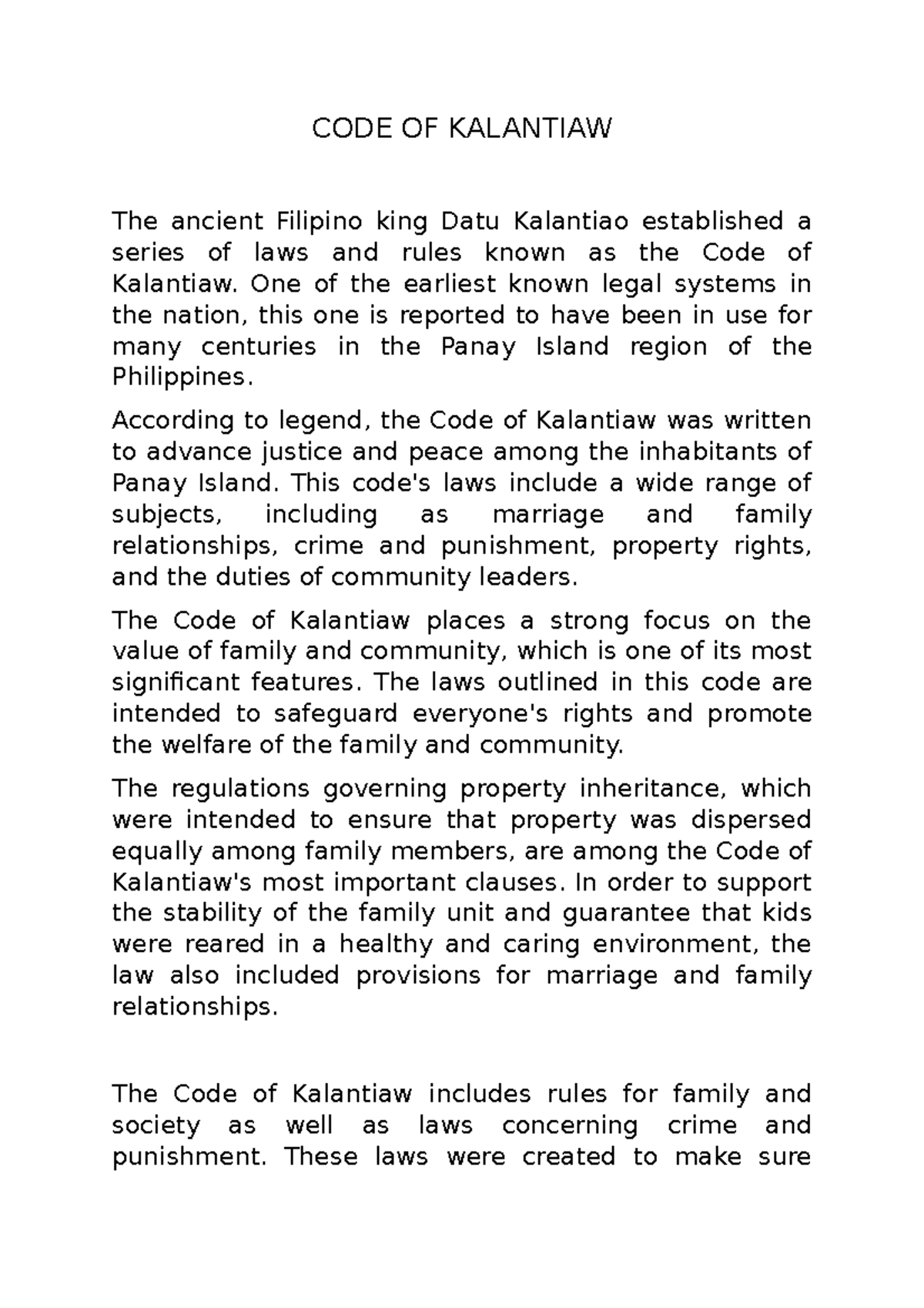 CODE OF Kalantiaw - notes - CODE OF KALANTIAW The ancient Filipino king ...