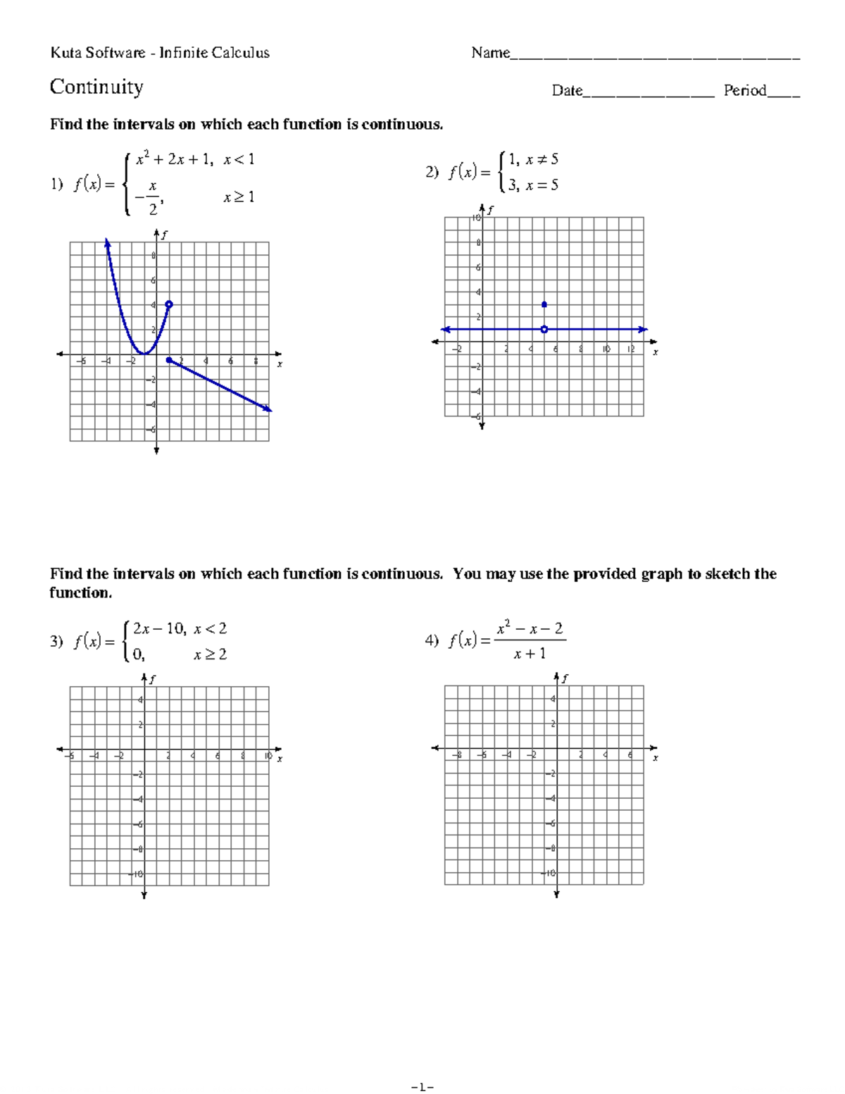 Kuta Software MTH101 Continuity Worksheet: Finding Intervals of ...