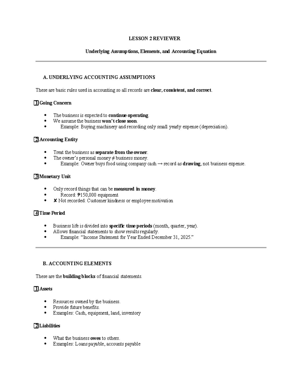 🌟 Lesson 2 Reviewer (ACC101): Underlying Assumptions & Accounting ...