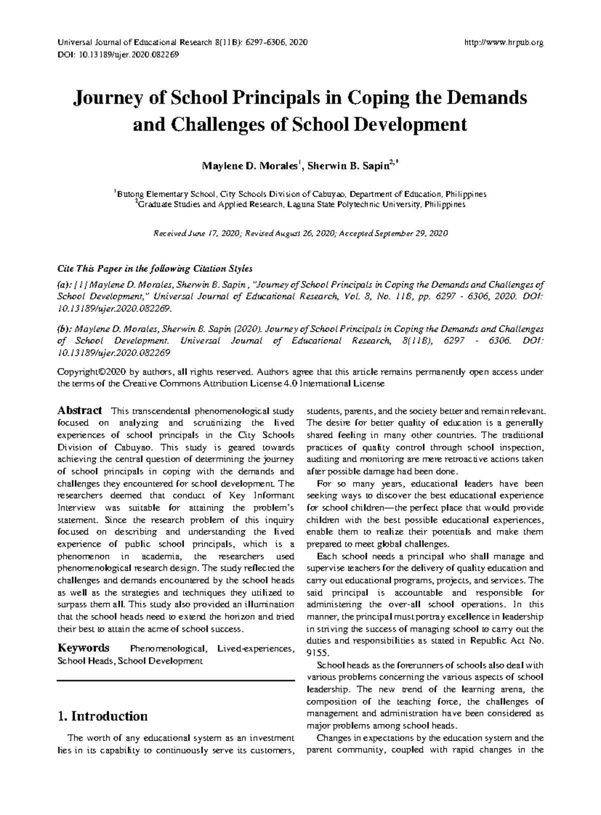 Journey of School Principals in Coping Demands: A Phenomenological ...