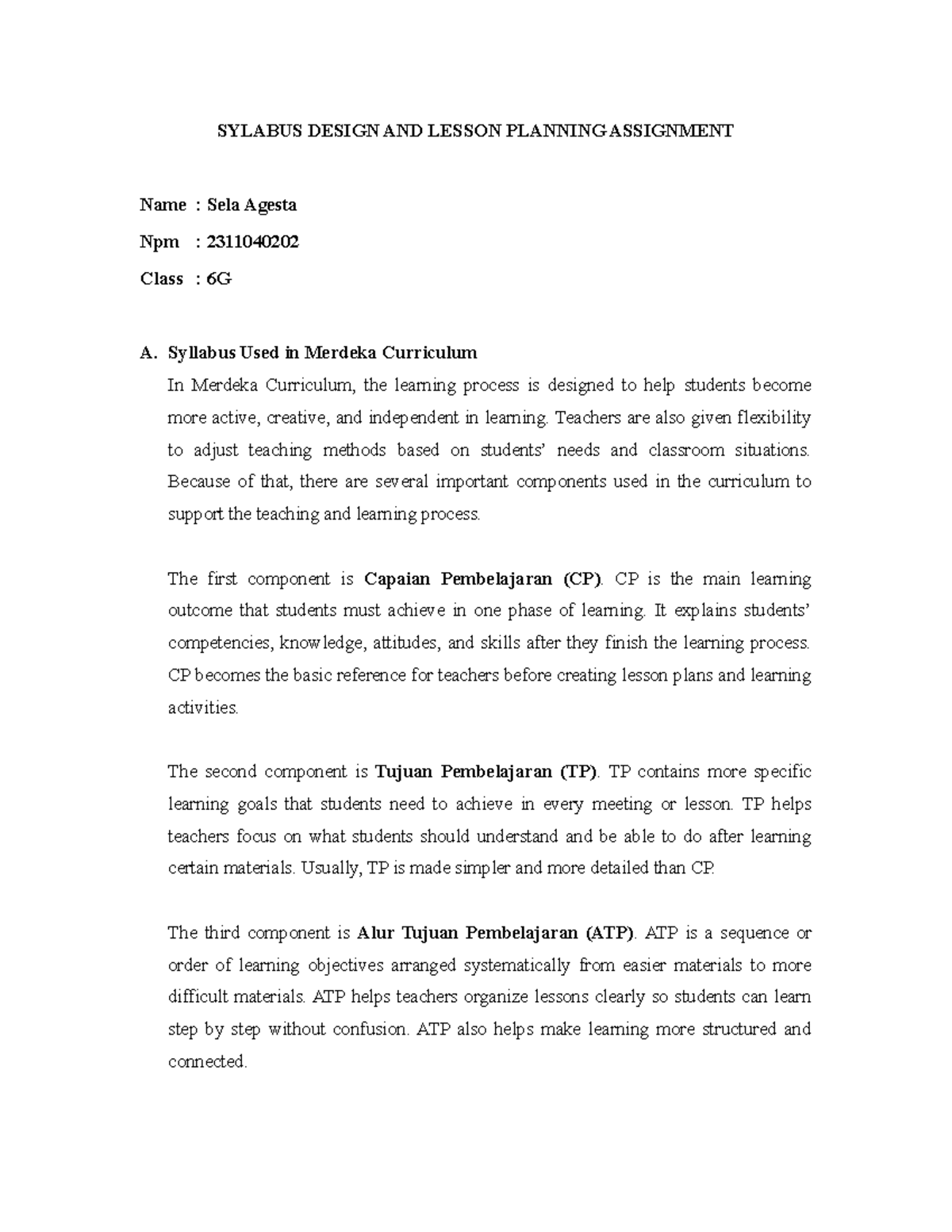 6G Syllabus Design & Lesson Planning Assignment - Sela Agesta - Studocu