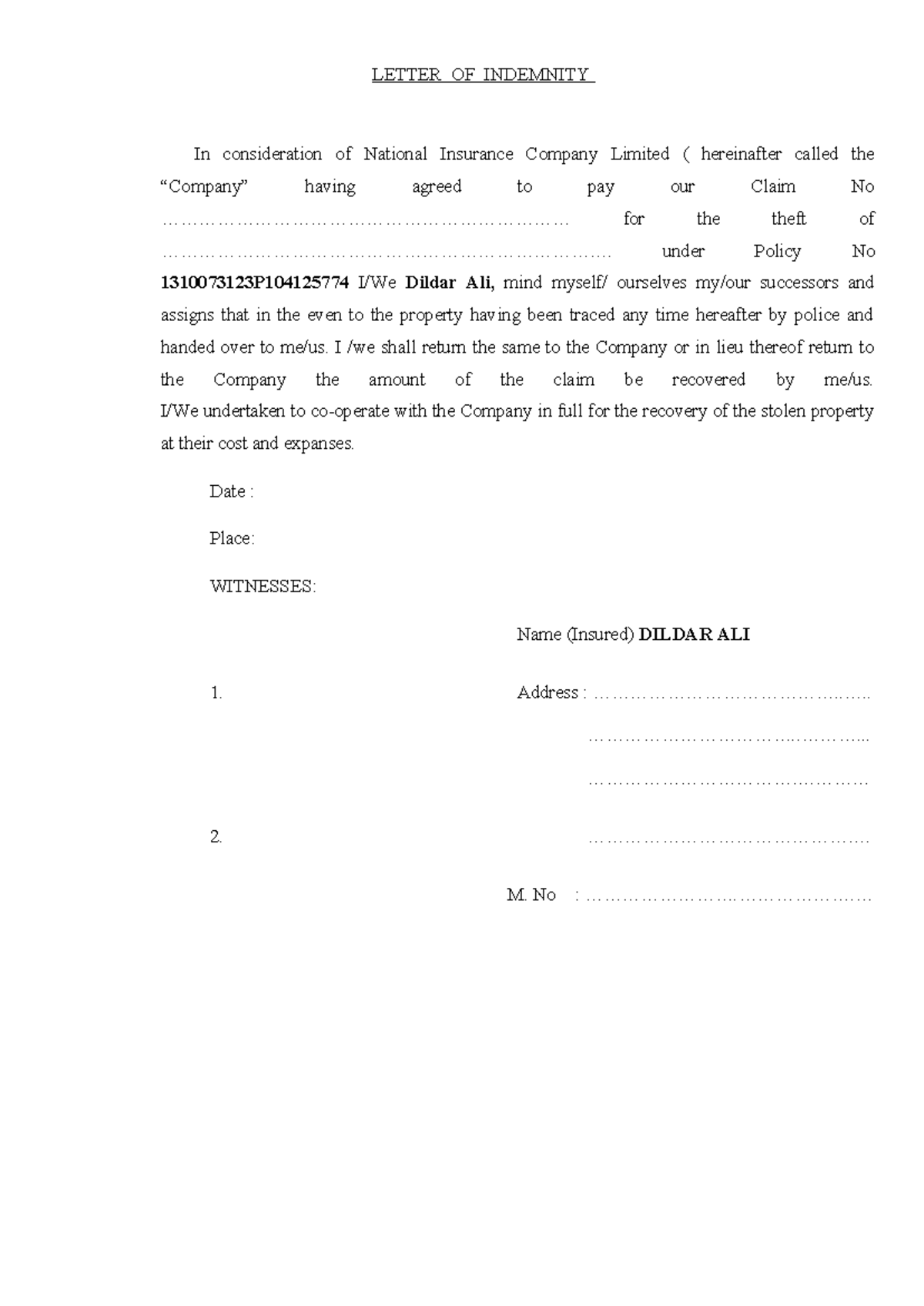 Letter of Subrogation and Indemnity - Policy No. 1310073123P - Studocu