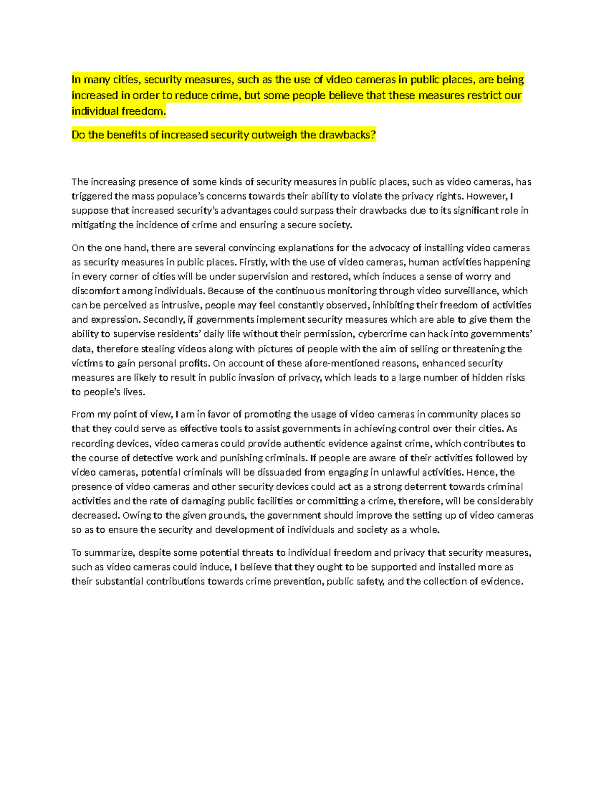 Wri 146 - Essay on Security Measures vs. Individual Freedom - Studocu