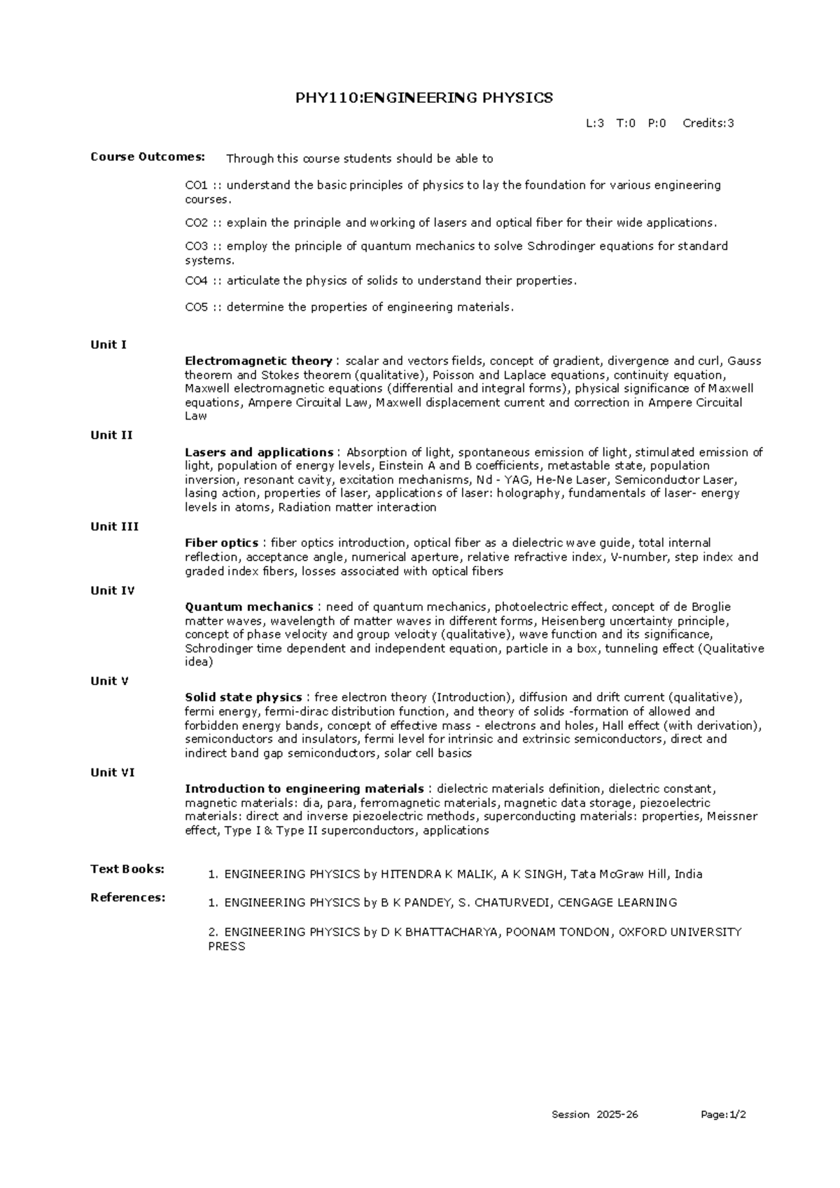 PHY110: Engineering Physics Course Overview and Key Concepts - Studocu
