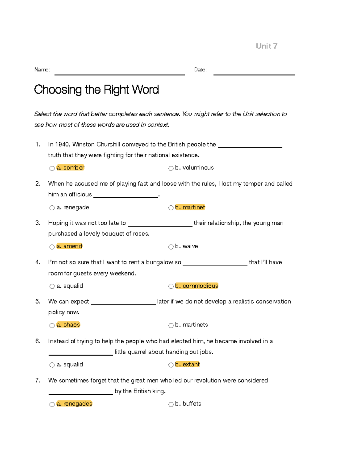 U7 LE Choosing the Right Word: Vocabulary Completion Exercises - Studocu
