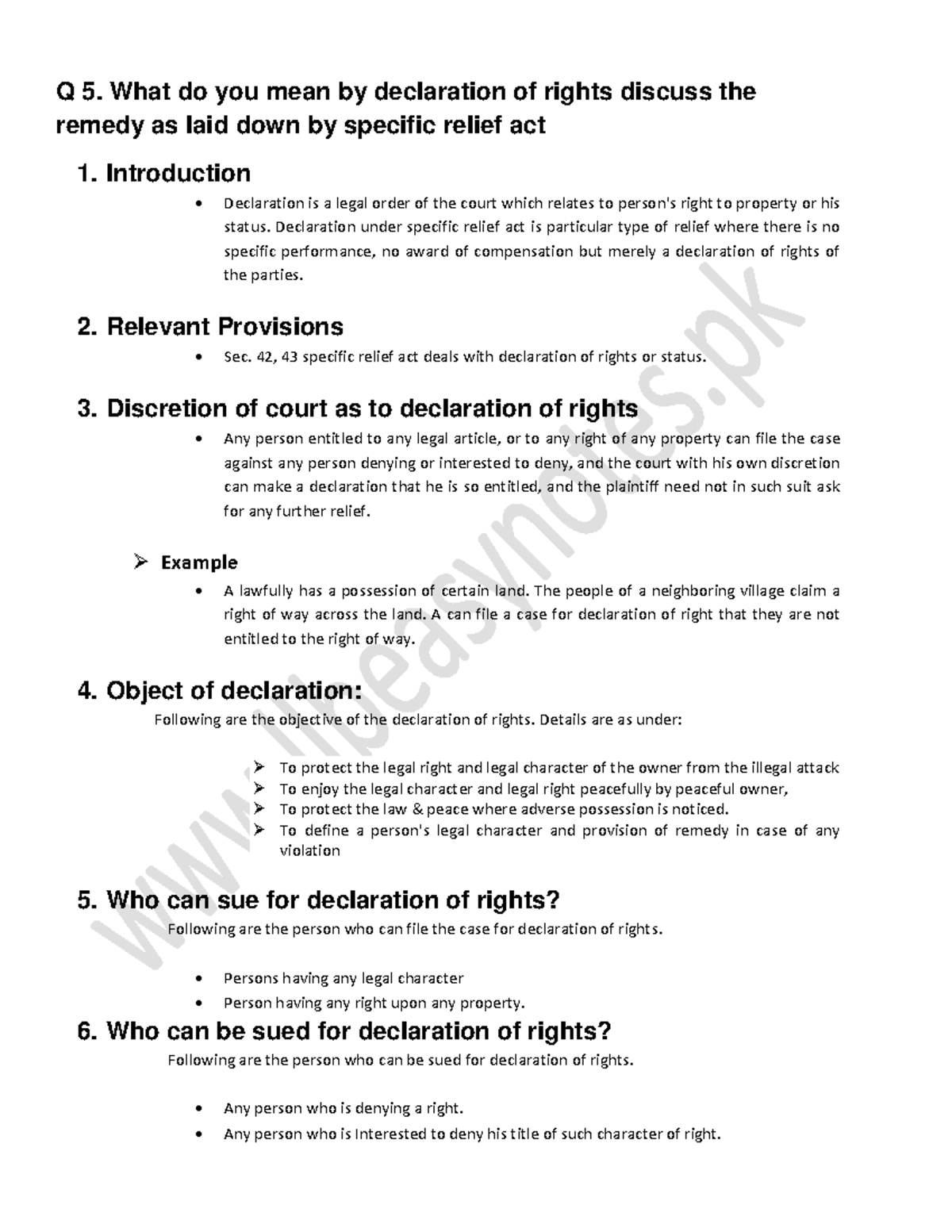 Specific Relief Act: Declaration of Rights Explained (Q 5) - Studocu