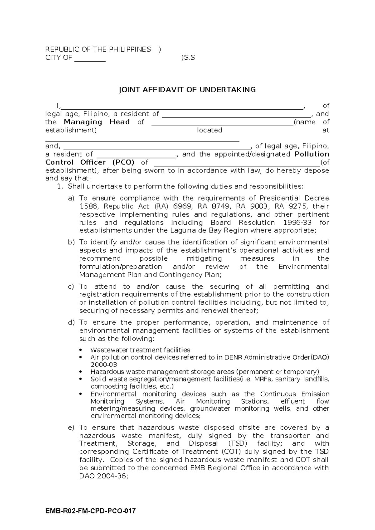 Affidavit of Joint Undertaking by PCO and MH in Compliance with ...