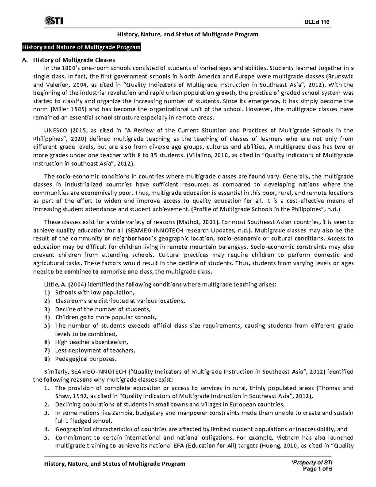 History and Status of Multigrade Programs in Southeast Asia (EDU101 ...