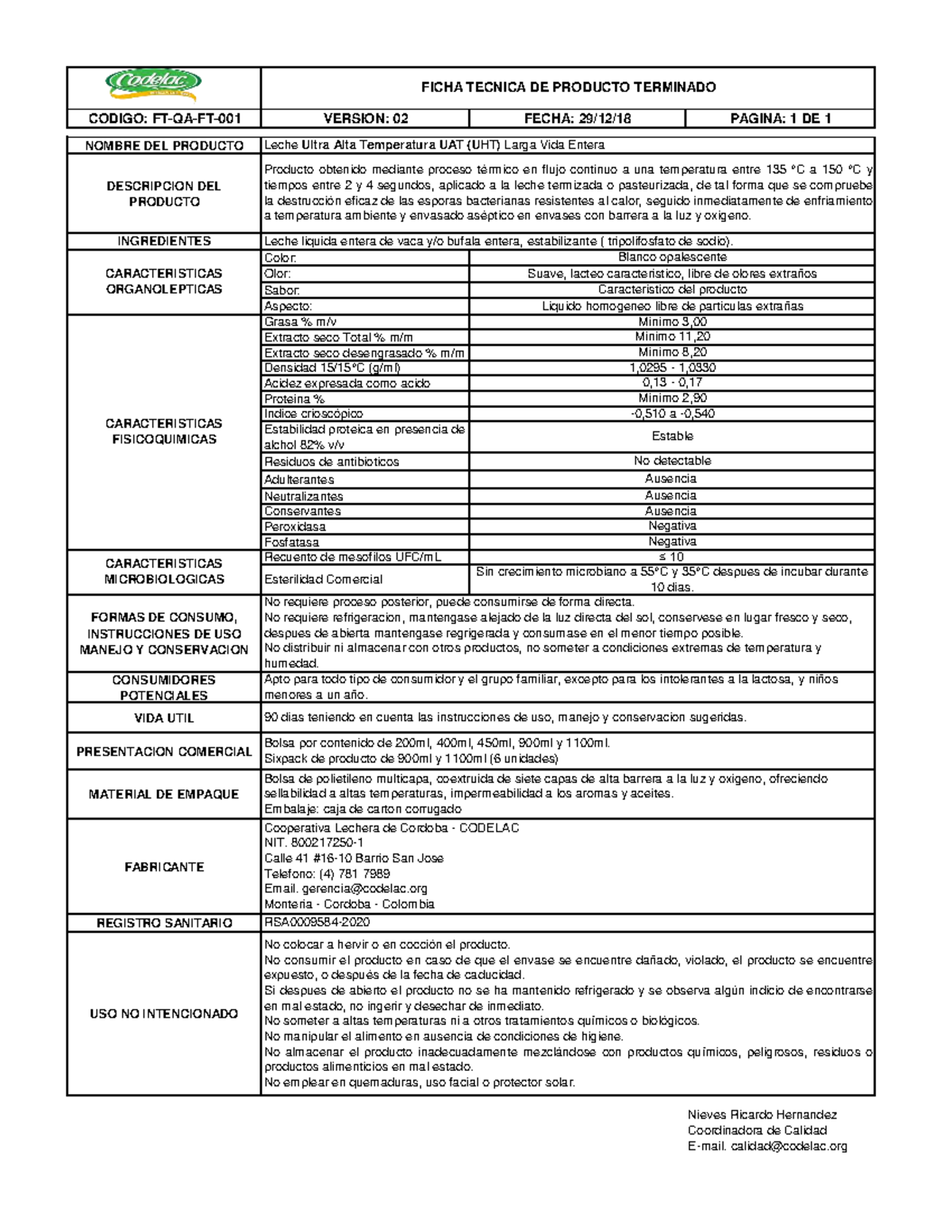 FT Leche Entera UHT Codelac - Ficha Técnica de Producto - Studocu