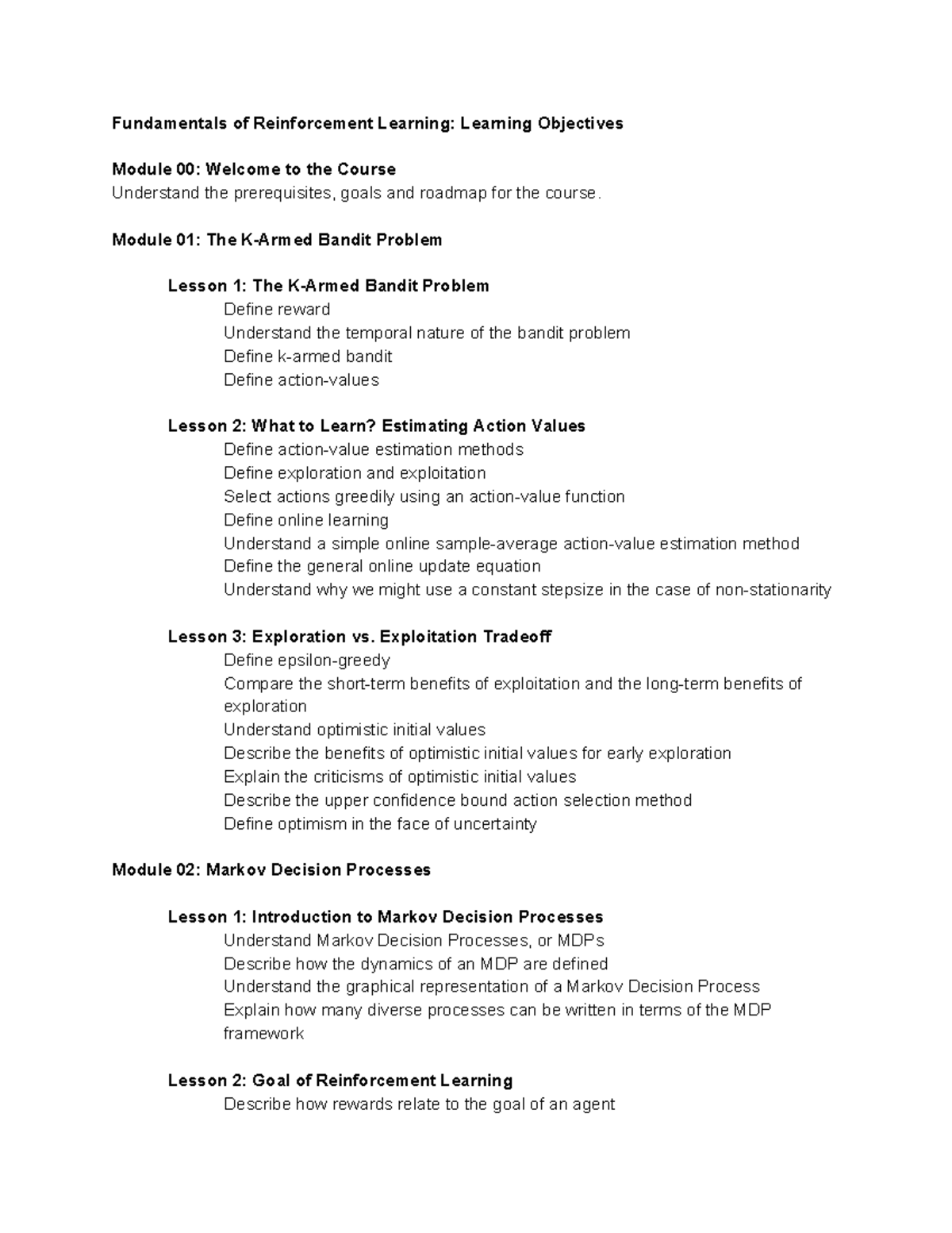 Fundamentals of Reinforcement Learning: Learning Objectives (Module 00) - Studocu