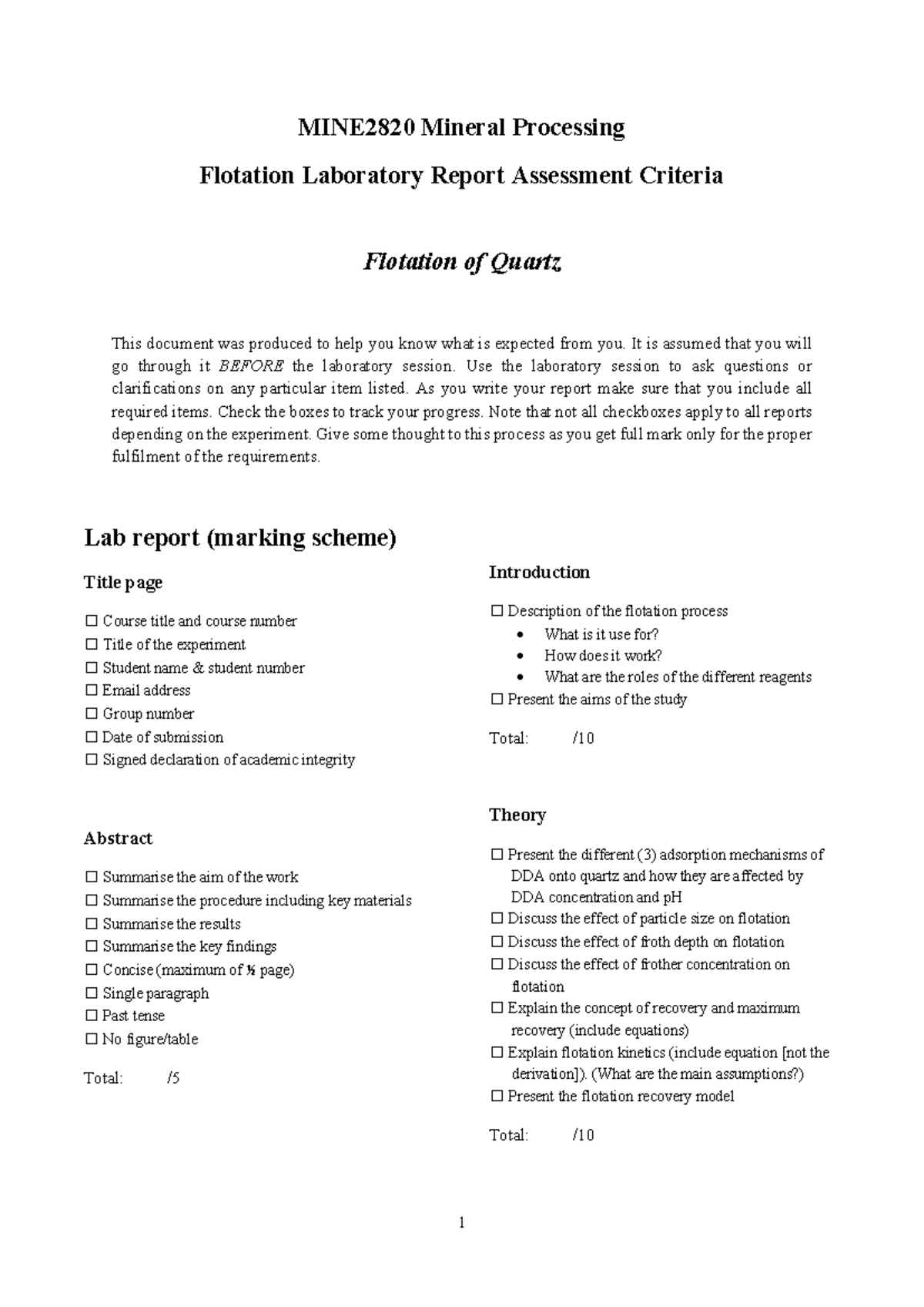MINE2820 Flotation Lab Report Assessment Criteria & Guidelines - Studocu