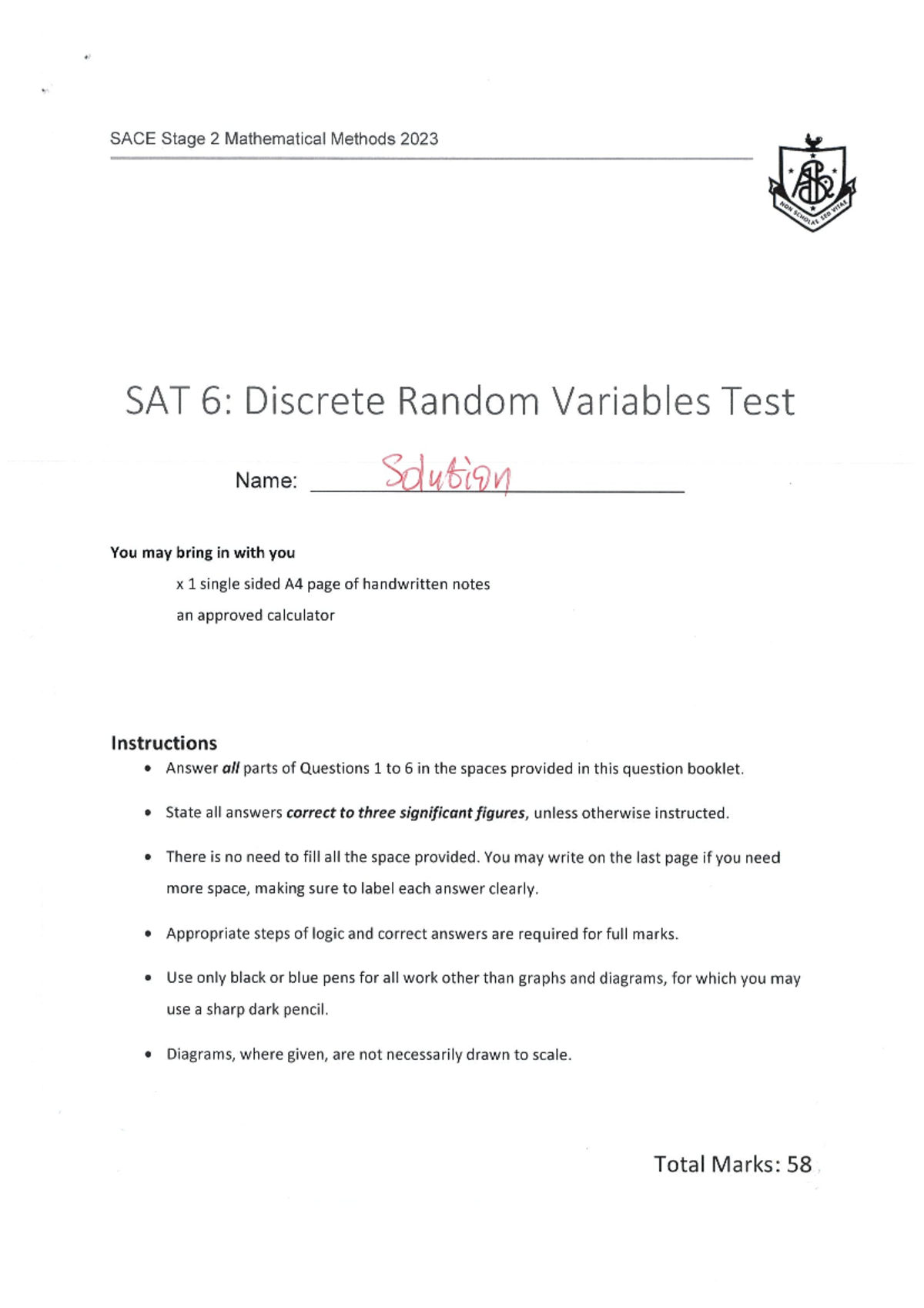 2023 SACE Stage 2 Math Methods SAT 6: Discrete Random Variables ...