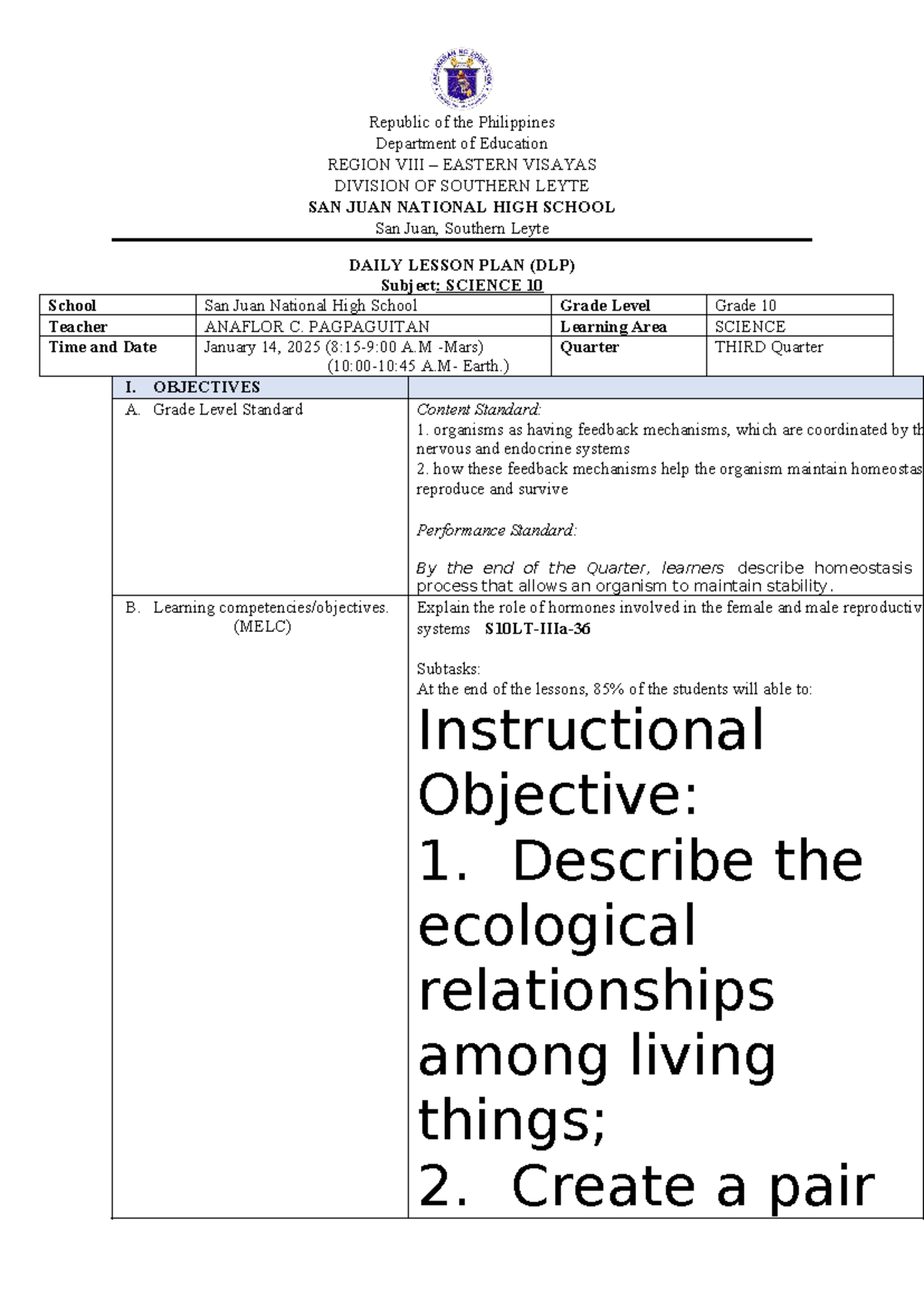 Science 10 lesson plan week 4 - Republic of the Philippines Department ...
