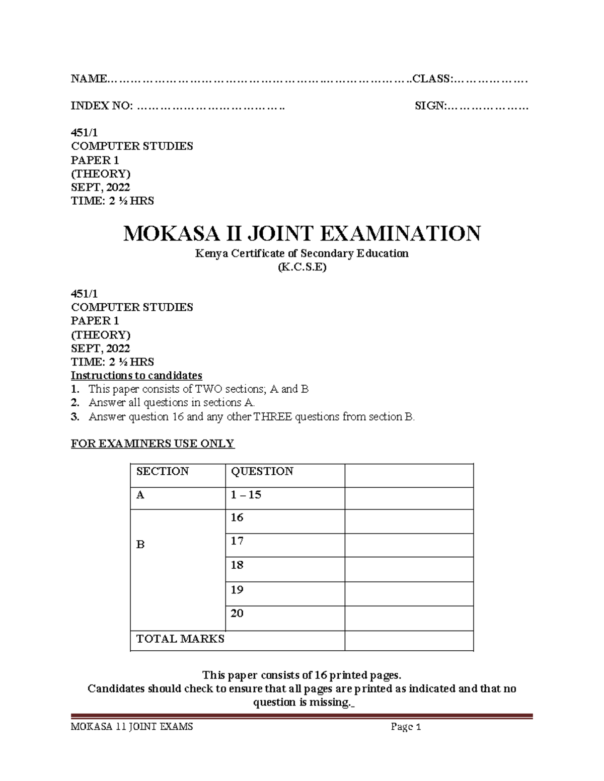 Computer Studies Paper 1 (Theory) K.C.S.E MOKASA II Joint Exam Sept ...