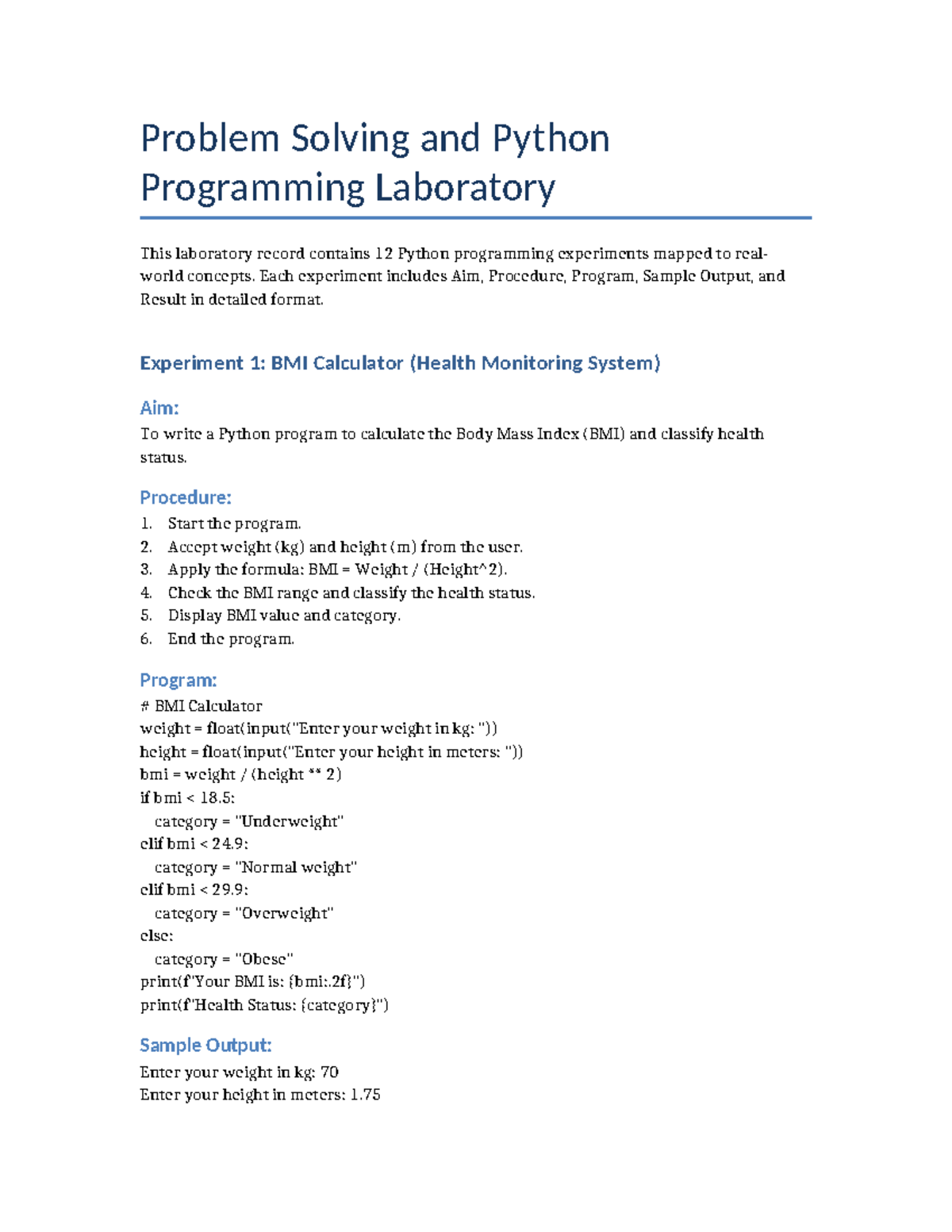 Python Programming Lab Manual: Experiments & Projects - Studocu