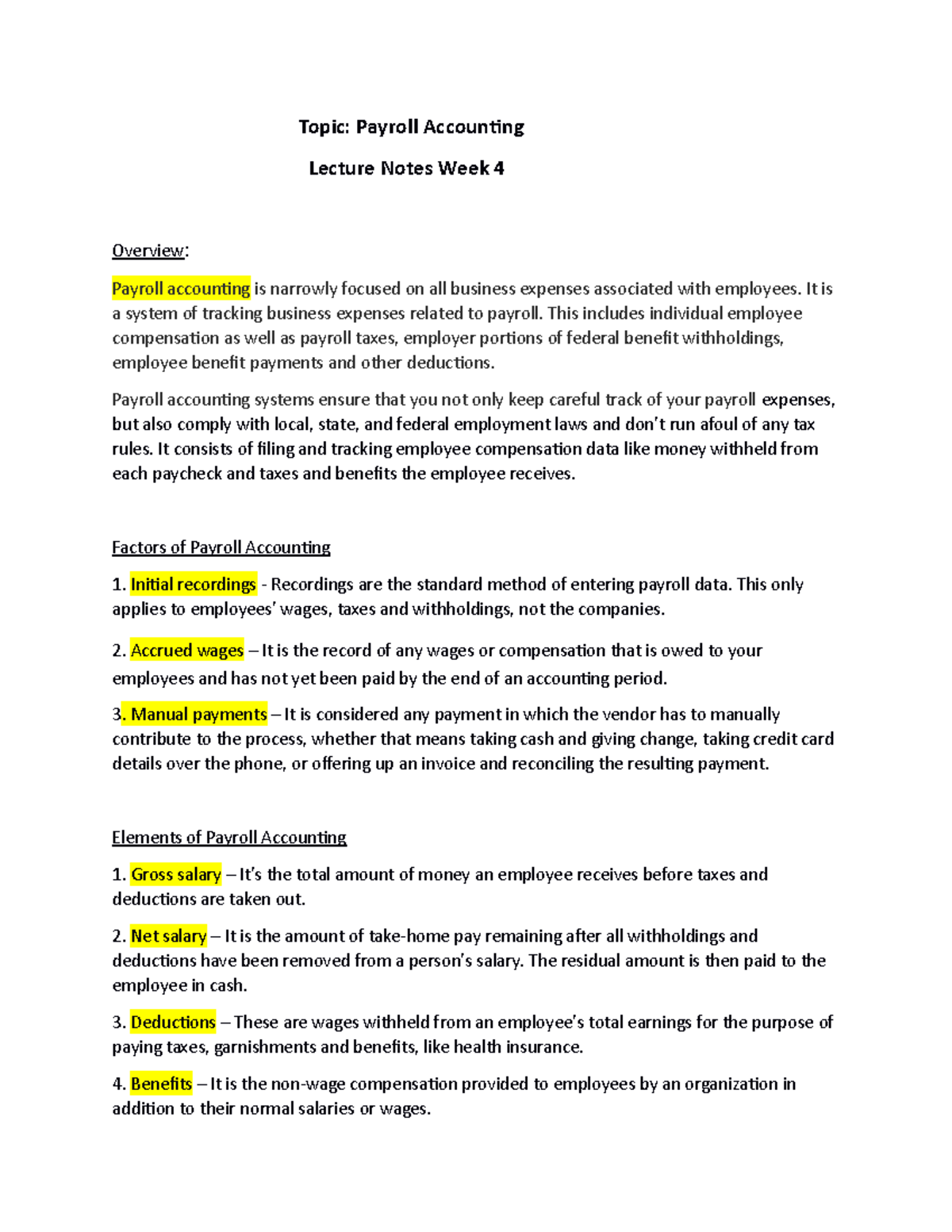 Payroll Accounting Lecture Notes: Week 4 Overview and Principles - Studocu