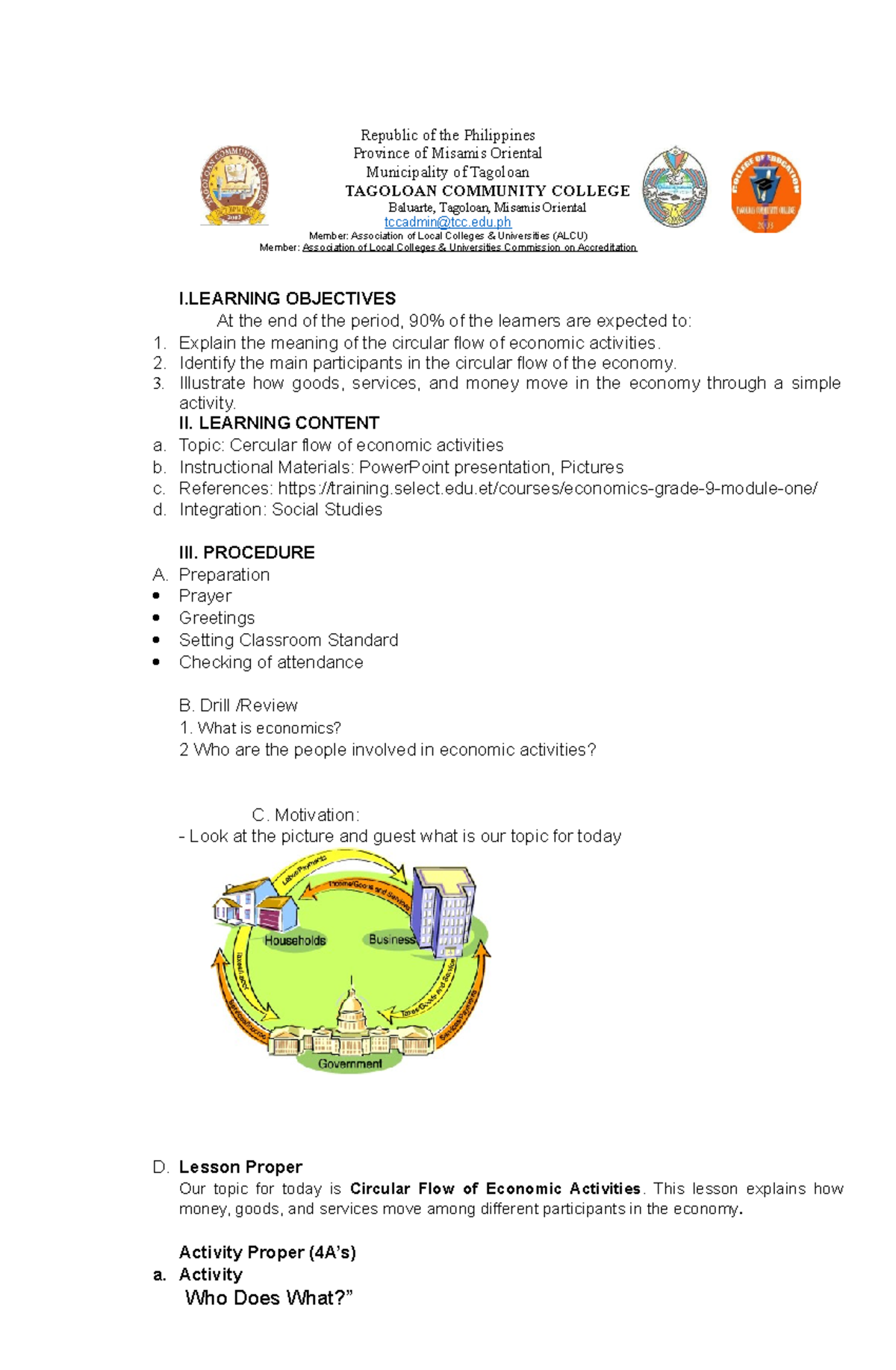 Lesson Plan: Circular Flow of Economic Activities (Economics) - Studocu