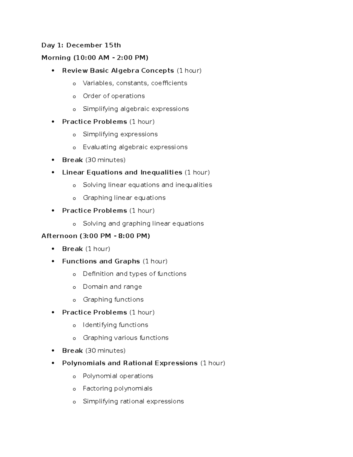 College Algebra Clep Prep Study Schedule - Day 1: December 15th Morning ...