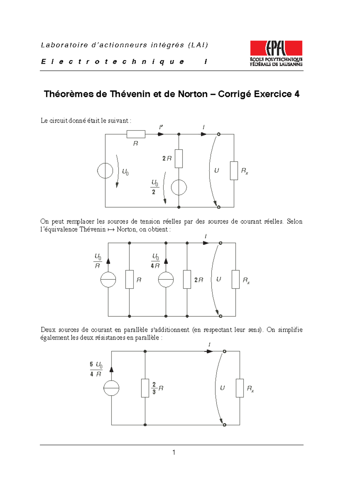 LAI - Théorèmes de Thévenin et Norton : Corrigé Exercice 4 - Studocu