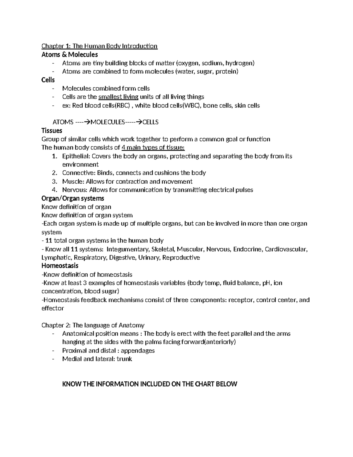 Human Body Anatomy & Chemistry Overview - CH 1-3 Notes - Studocu