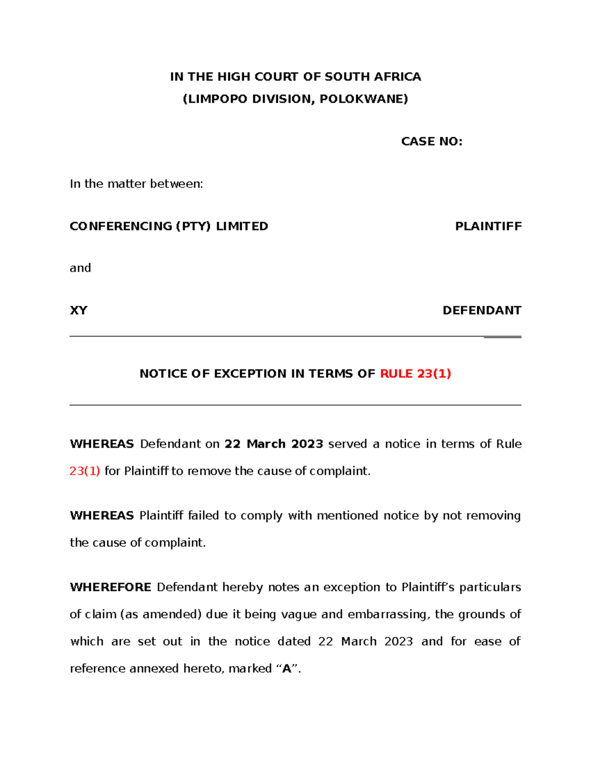 Exception Rule 23(1) Notice Template for High Court Hearing - Studocu