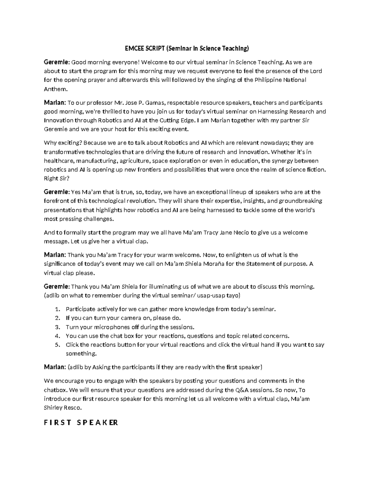 Emcee Script - EMCEE SCRIPT (Seminar in Science Teaching) Geremie: Good ...