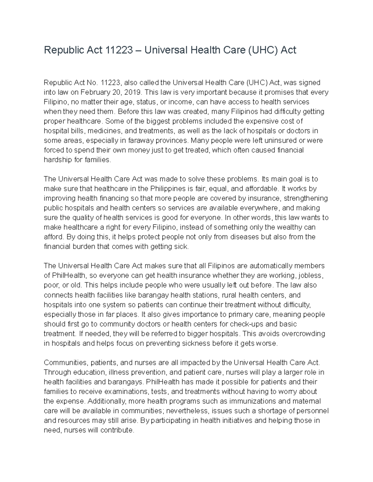 Republic Act 11223: Reflection on the UHC Act's Impact - Studocu