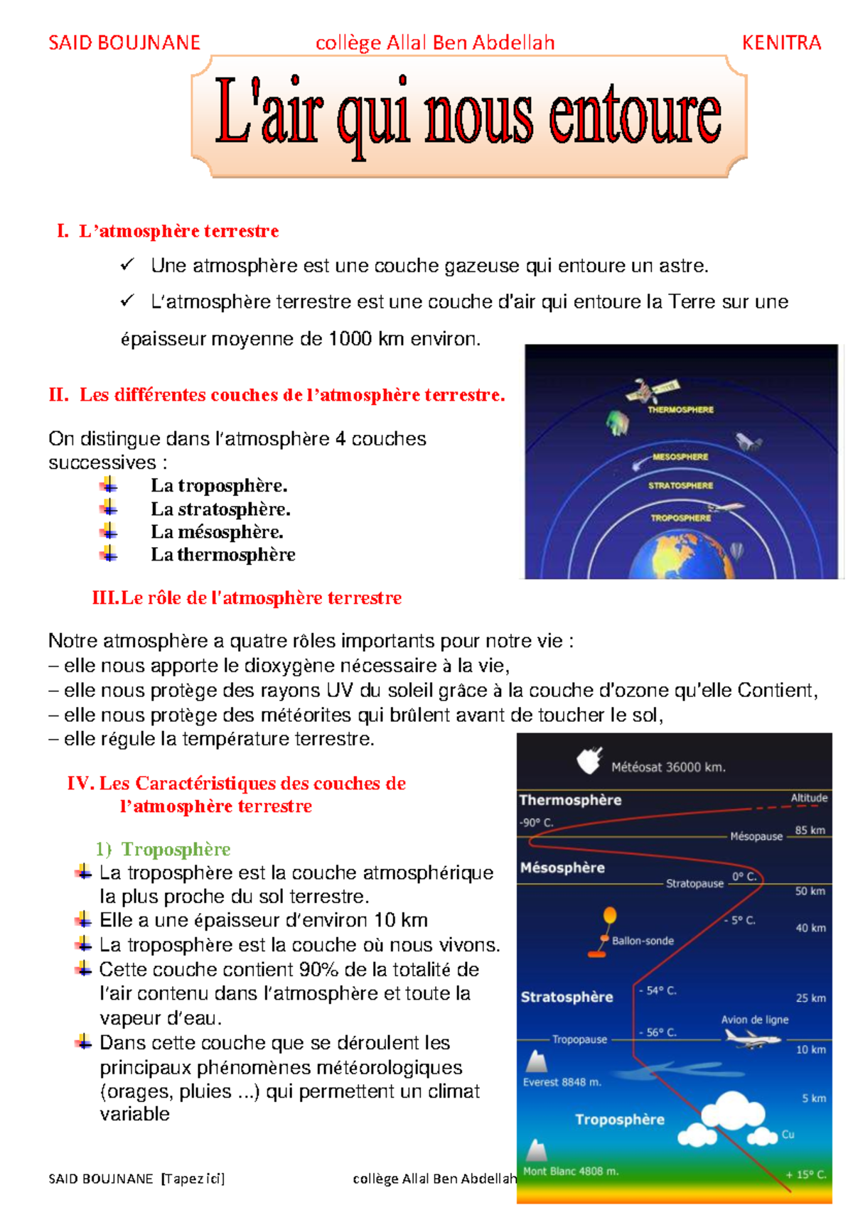 Cours 3: Les Couches de l'Atmosphère Terrestre - Studocu