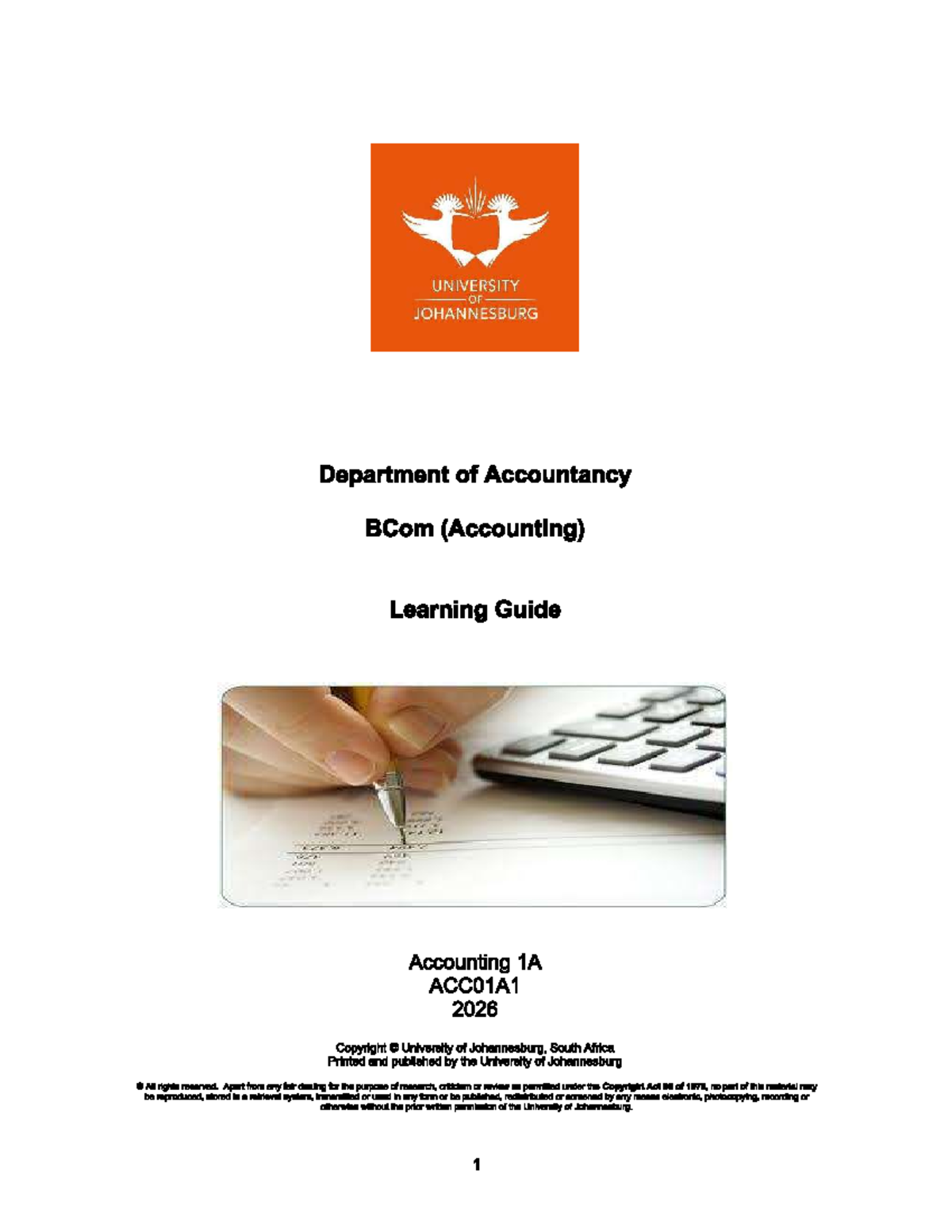 Accounting 1A Learning Guide (ACCO1A1) - University of Johannesburg ...