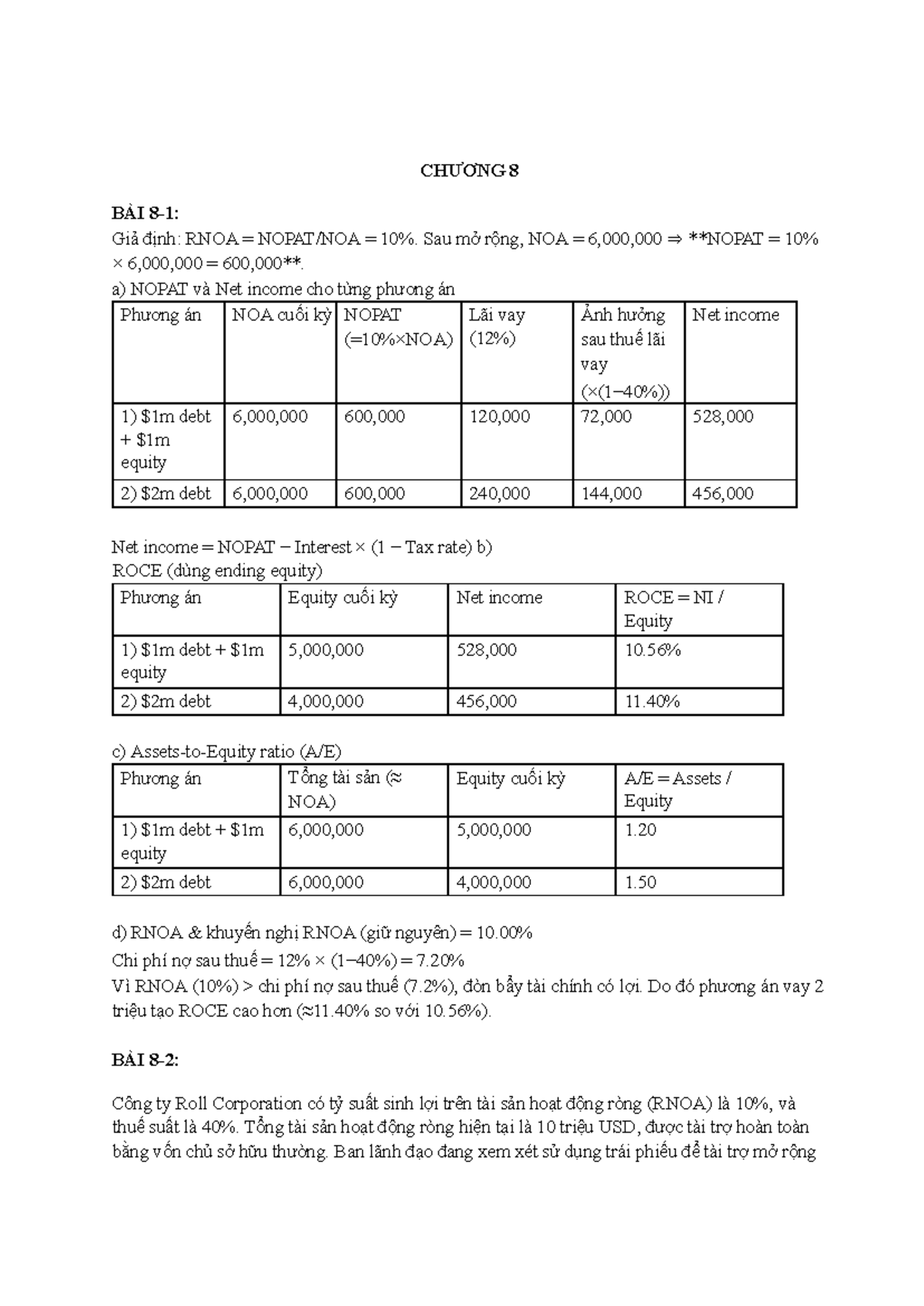 CHƯƠNG 8 - Phân Tích RNOA và ROCE của Công Ty Roll Corporation - Studocu