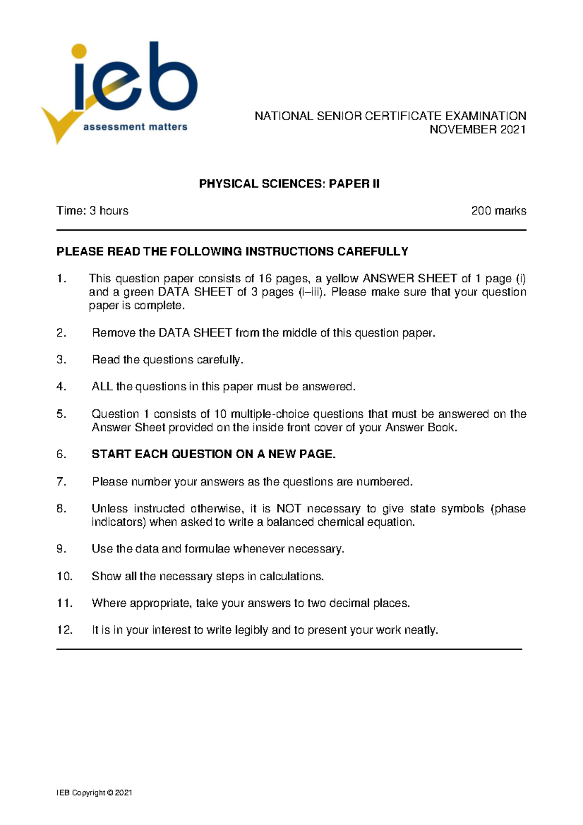 Physical Sciences NSC Exam Nov 2021: Paper II Overview and Questions ...