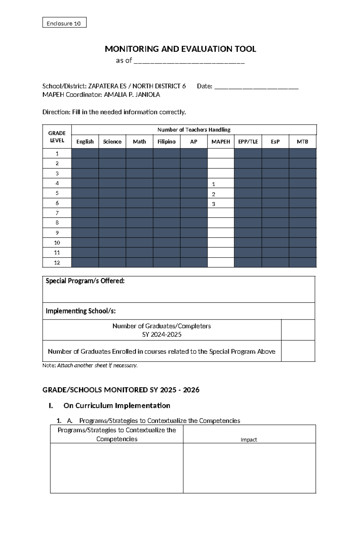 M-E-TOOL: Monitoring & Evaluation for ZAPATERA ES MAPEH 2025-2026 - Studocu