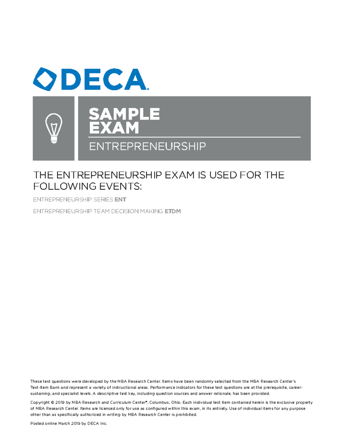 Sample Exam: DECA 1188 Entrepreneurship and Small Business Management ...