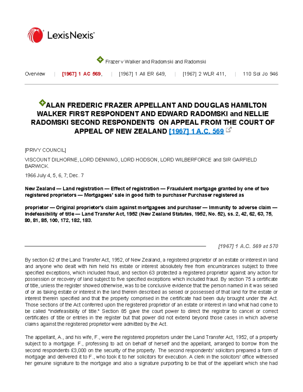 Frazer v Walker & Radomski: Overview of Land Transfer Act, 1952 Case ...