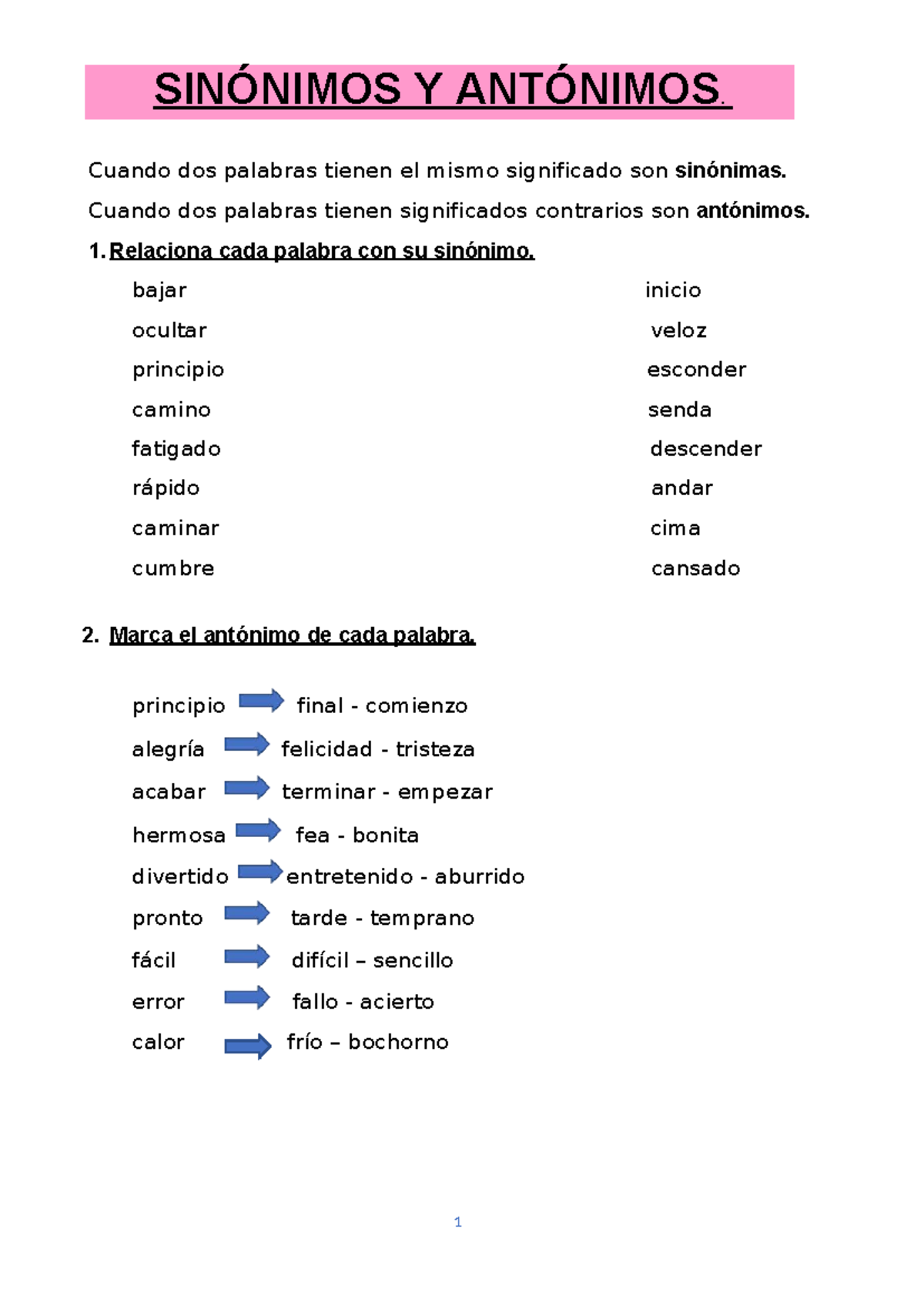 SINÓNIMOS Y ANTÓNIMOS: Ejercicios y Actividades - Studocu