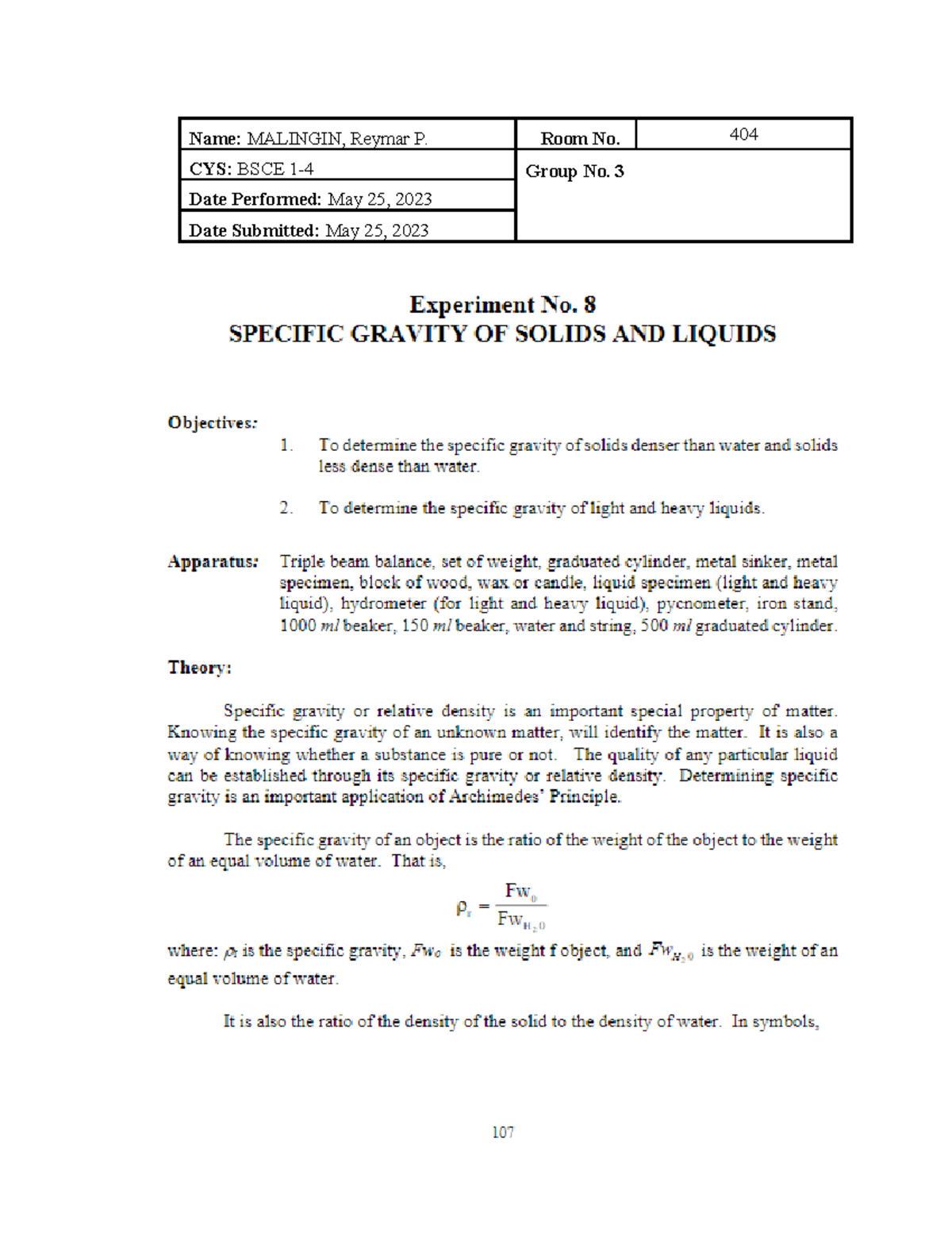 PFE Expt. 8: Determining Specific Gravity of Solids and Liquids - Studocu