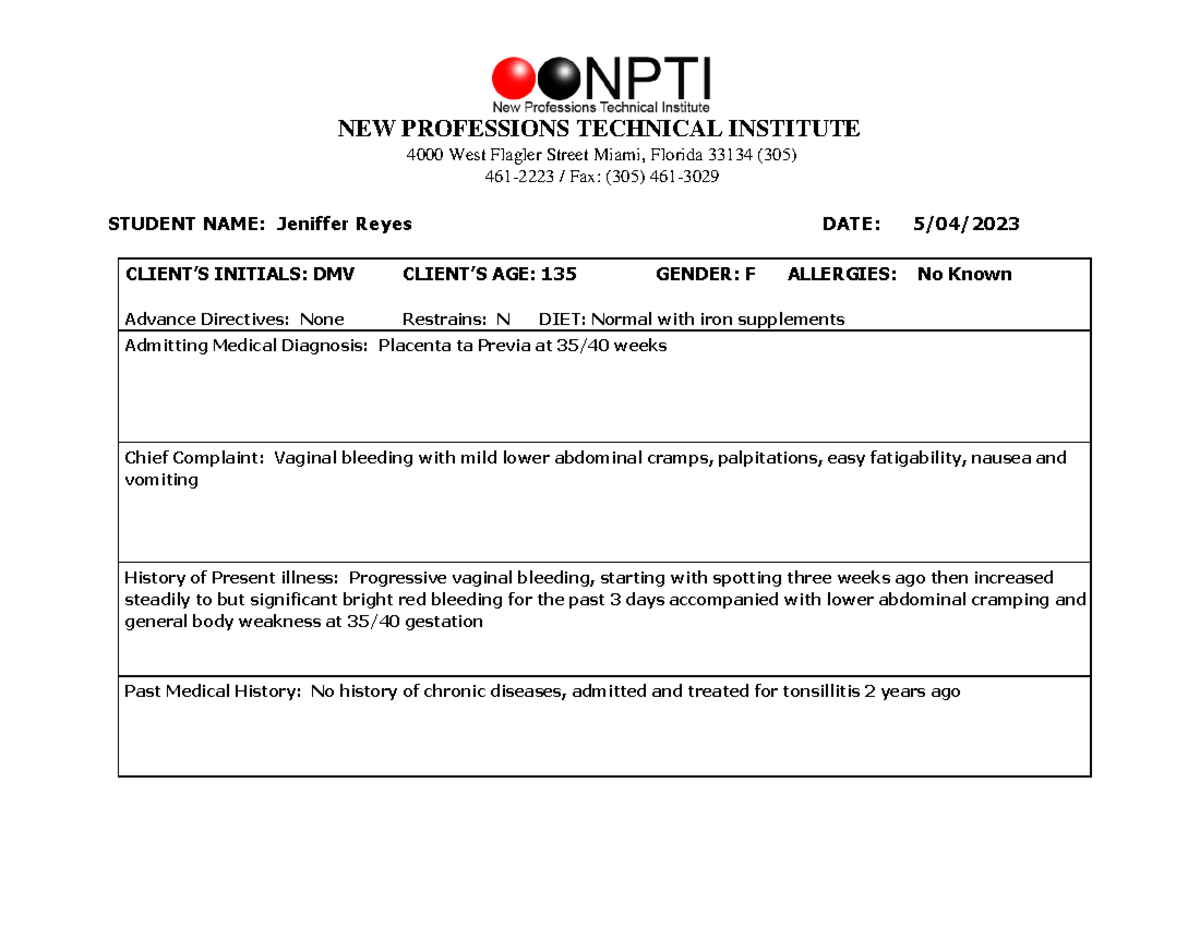 Maternity Case Study (Placenta Previa) - NEW PROFESSIONS TECHNICAL ...
