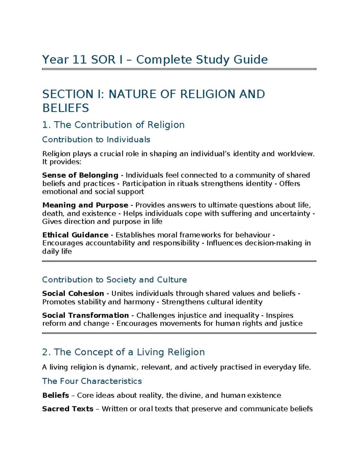 Year 11 SOR I Final Study Guide: Nature of Religion & Beliefs - Studocu