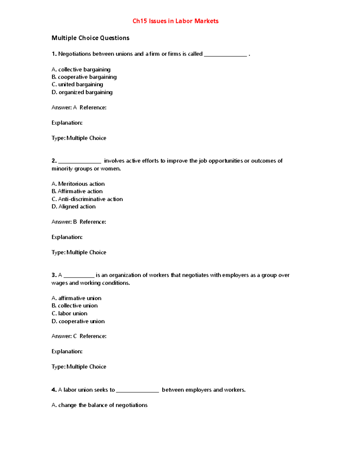 Ch15 Labor Market Issues - Multiple Choice & Essay Questions - Studocu