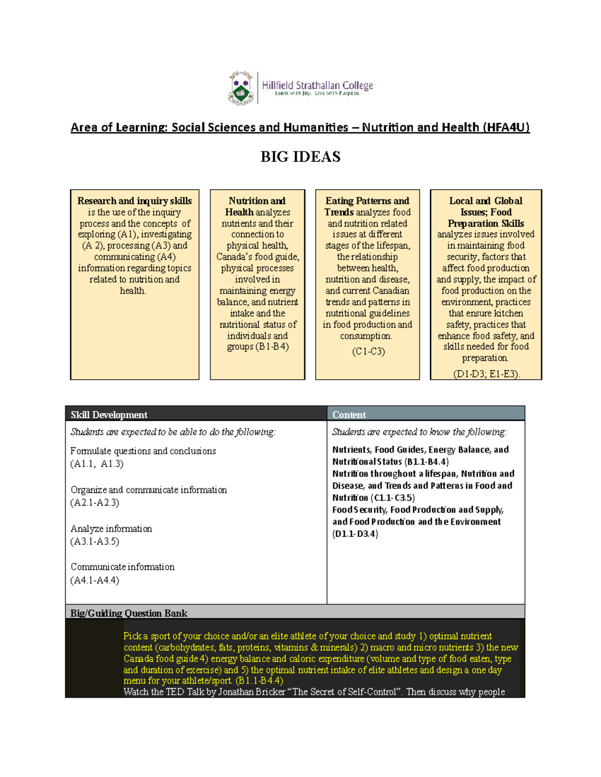 Nutrition and Health Course Outline - Area of Learning: Social Sciences ...