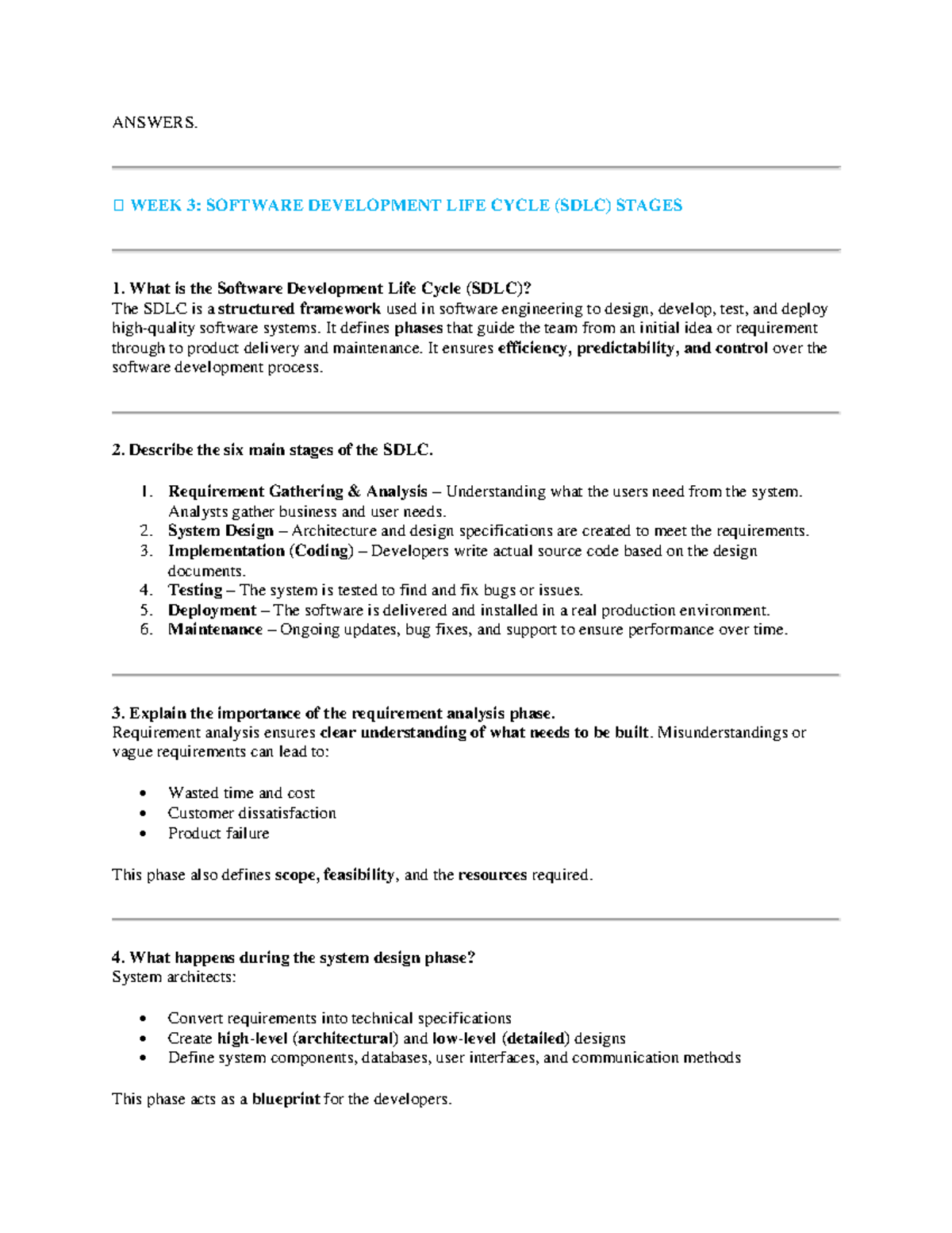 Software Engineering Answers: Week 3 SDLC Stages and Models - Studocu