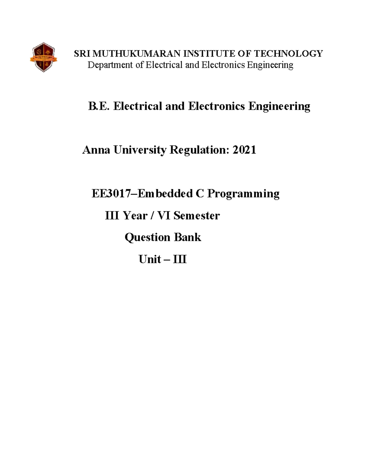 Unit 3 Question Bank for EE3017: C Programming & 8051 Microcontroller ...